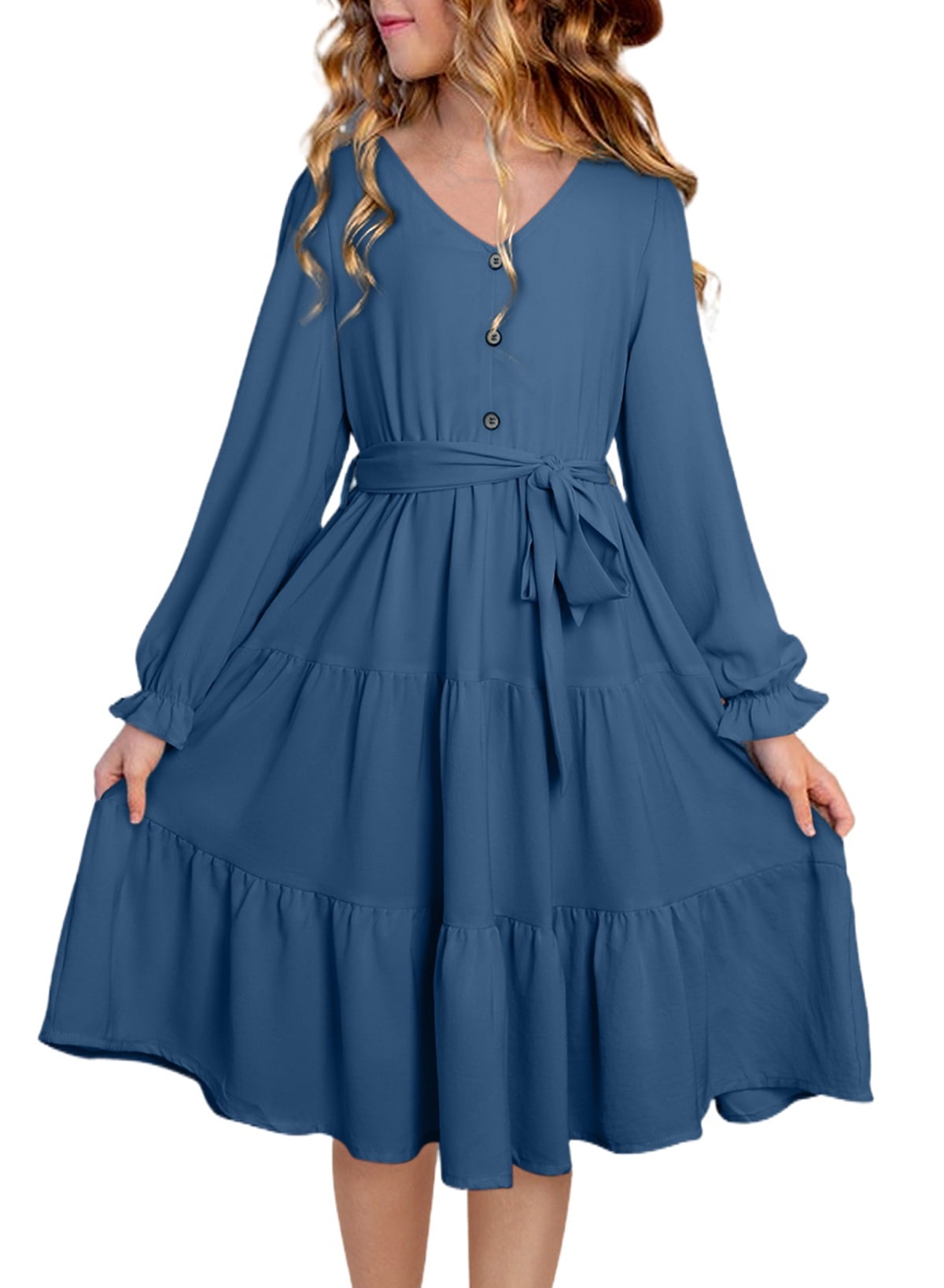 BONIXOOM Girls' Prom Dresses 2024 Crew Neck Tab Long Sleeve Dress ...