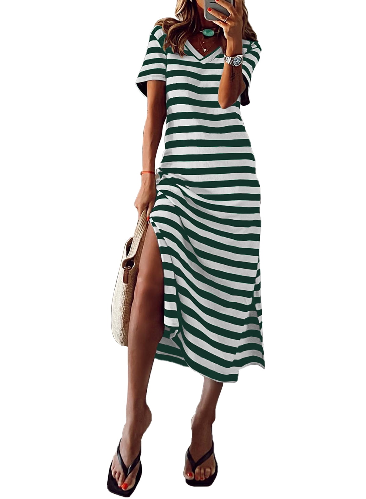 Dokotoo Midi Dresses for Women Summer V Neckline Short Sleeves Stripe ...