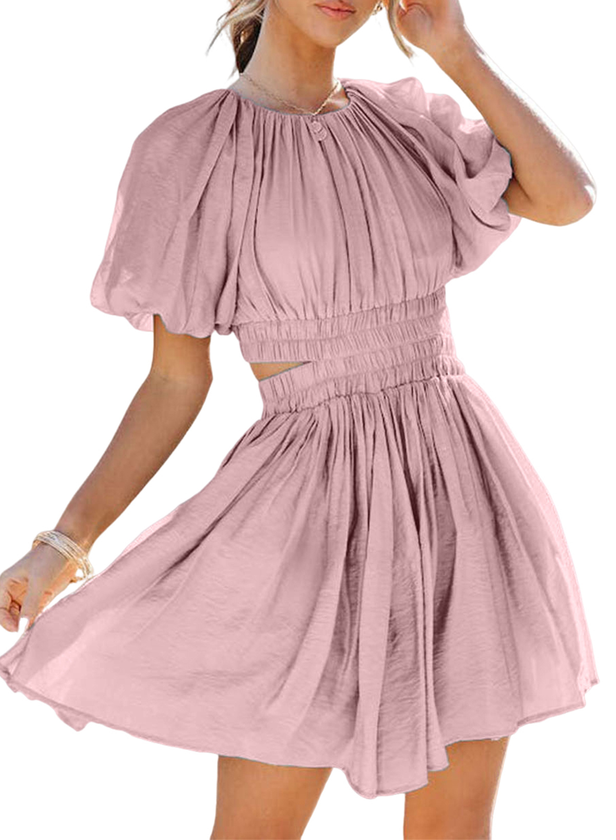 Dokotoo Mini Dresses for Women Summer Puff Sleeve Crewneck Cutout ...