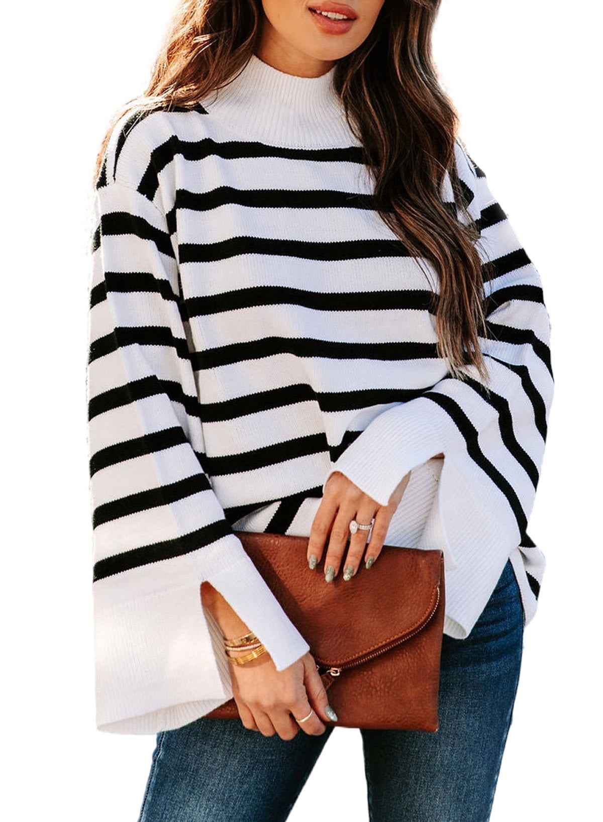 DOKOTOO Pullover Sweaters for Women Bell Sleeves Mock Neck Baggy Fall ...