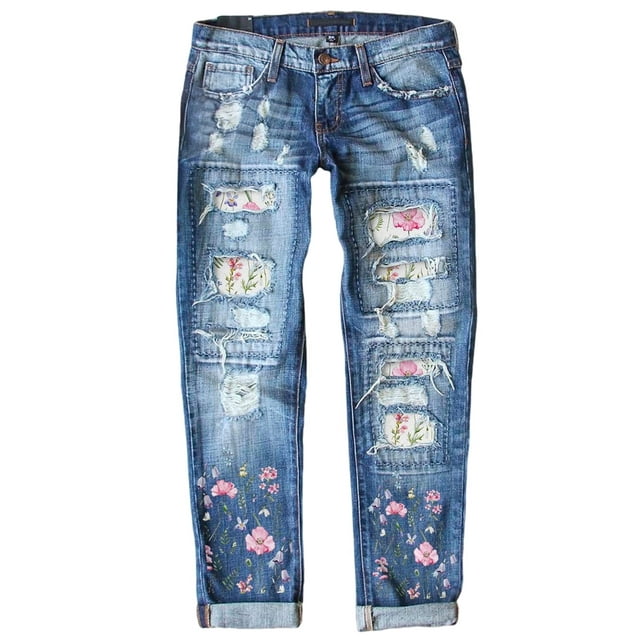 Dokotoo Women's High Waist Floral Printed Ripped Jeans with Pockets ...