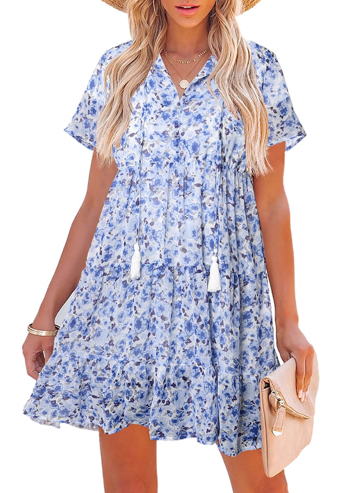 Dokotoo Women's Flowy Sundresses, Cute V Neck Floral Mini Dress, Ruffle ...