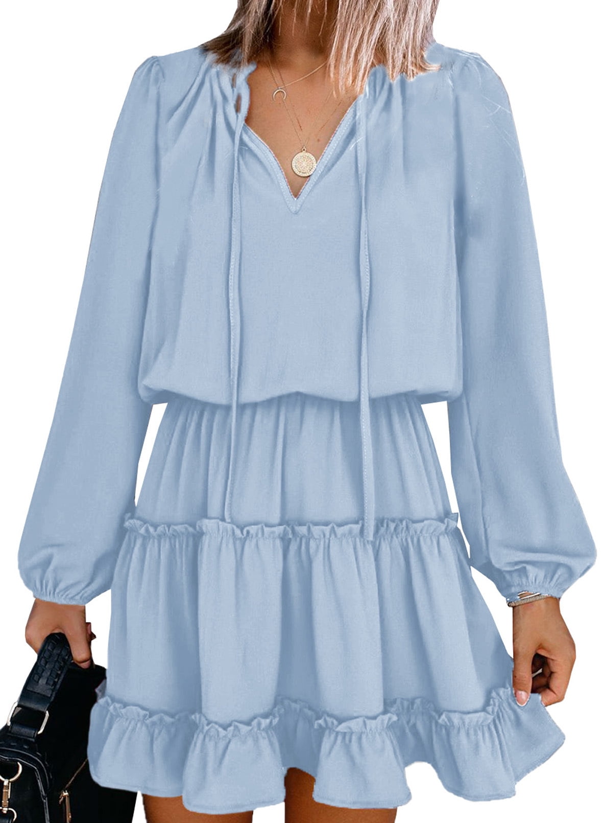 Dokotoo Women's Sky Blue Casual Ruffle Long Sleeve Mini Tunic Dress ...