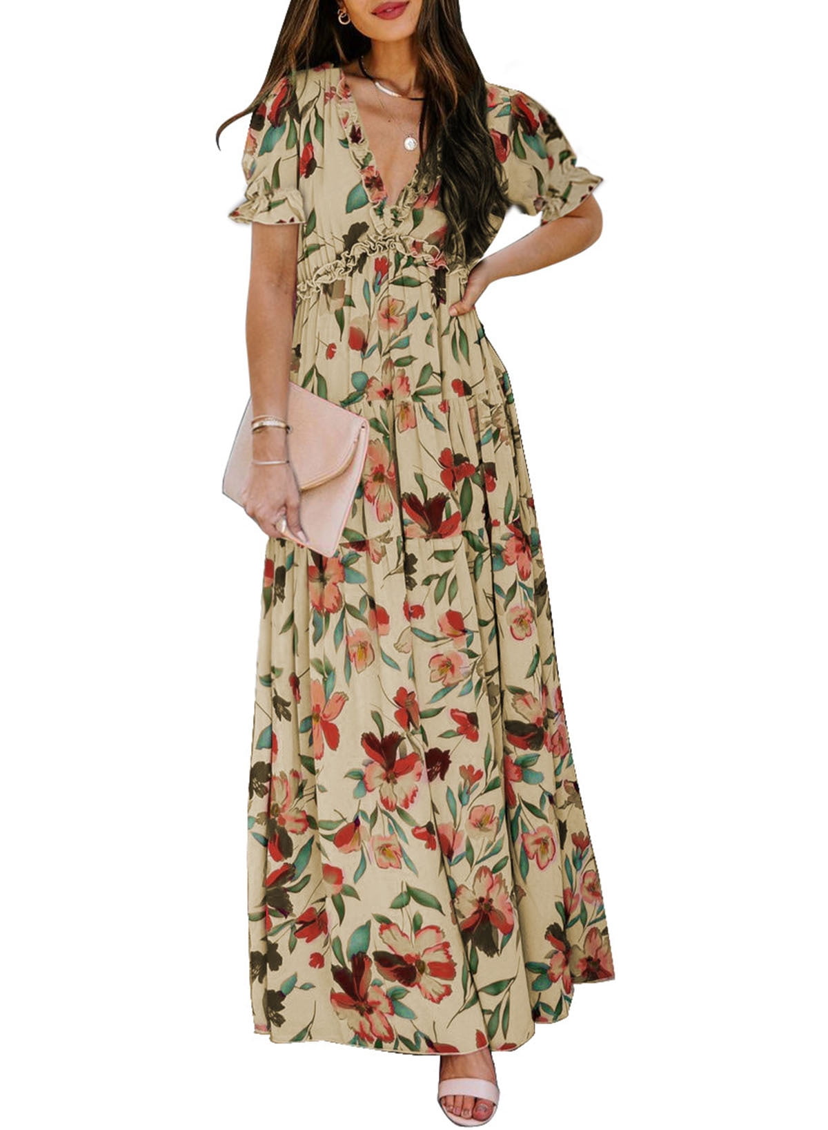 Dokotoo Women's Boho Wedding Maxi Dress, Floral, Short Sleeve, Size L ...