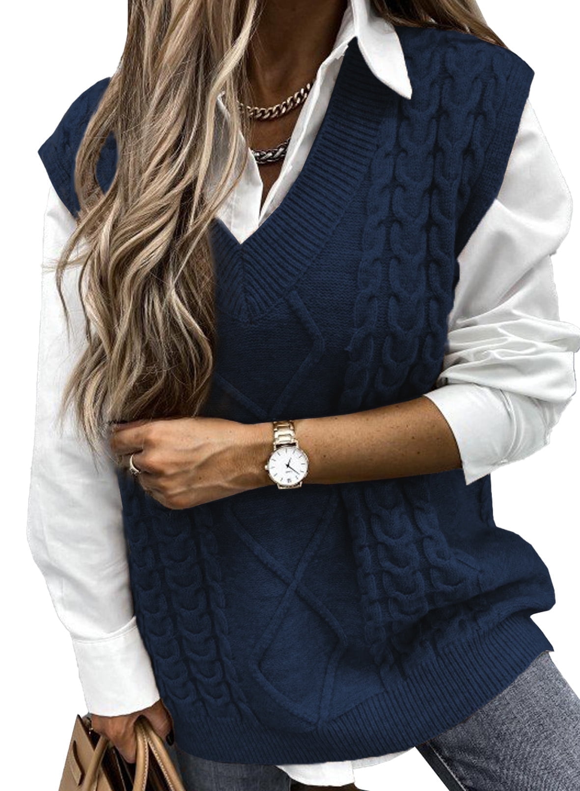 Dokotoo Women's V-Neck Cable Knitted Sweater Vest, Solid Color ...