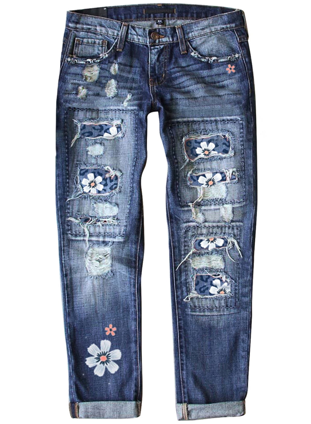 Dokotoo Womens Skinny Fall Jeans with Flower Patch, Leopard Destroyed ...