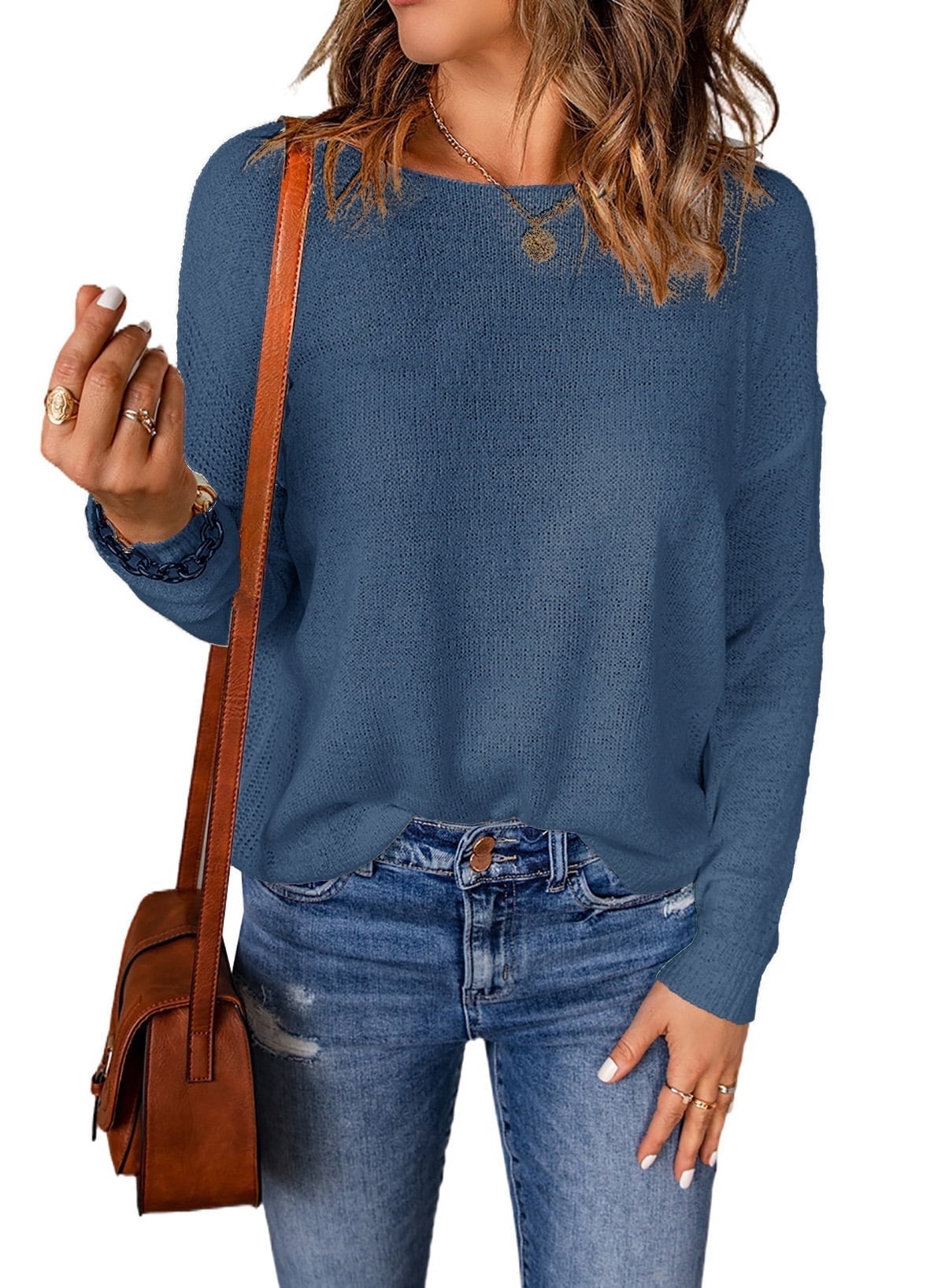 DOKOTOO Womens Crewneck Knitted Sweaters Long Sleeve Drop Shoulder ...