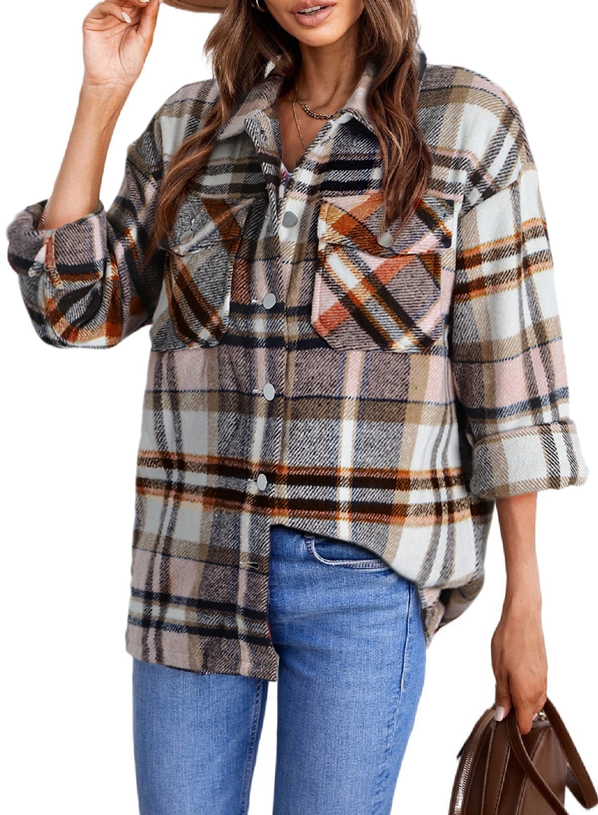 DOKOTOO Shackets Plaid Button Down Shirt Jacket, Long Sleeve Flannel Oversized Blouse with ...
