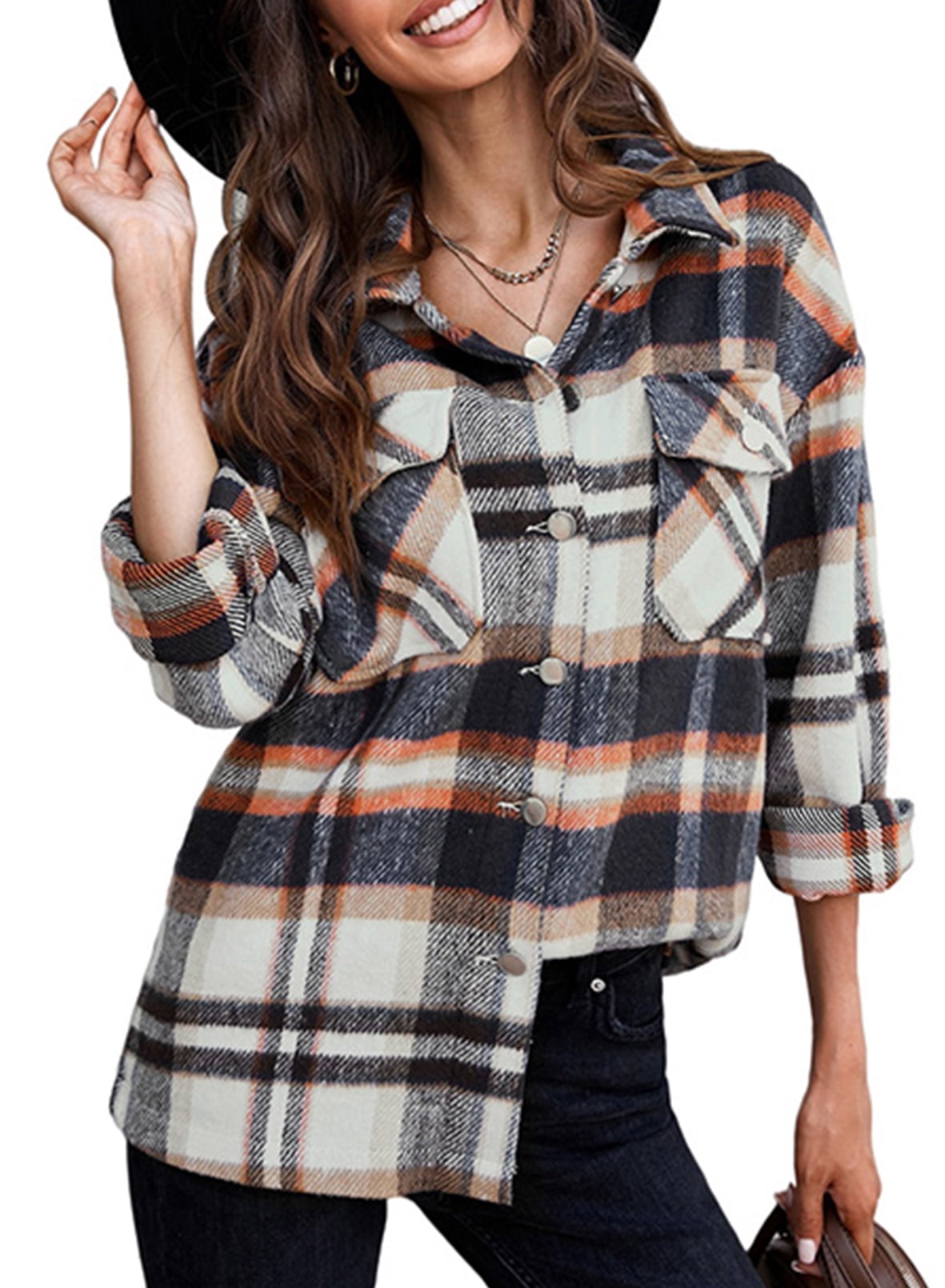 Dokotoo Womens Shackets Plaid Button Down Shirt Jacket for Women Long ...