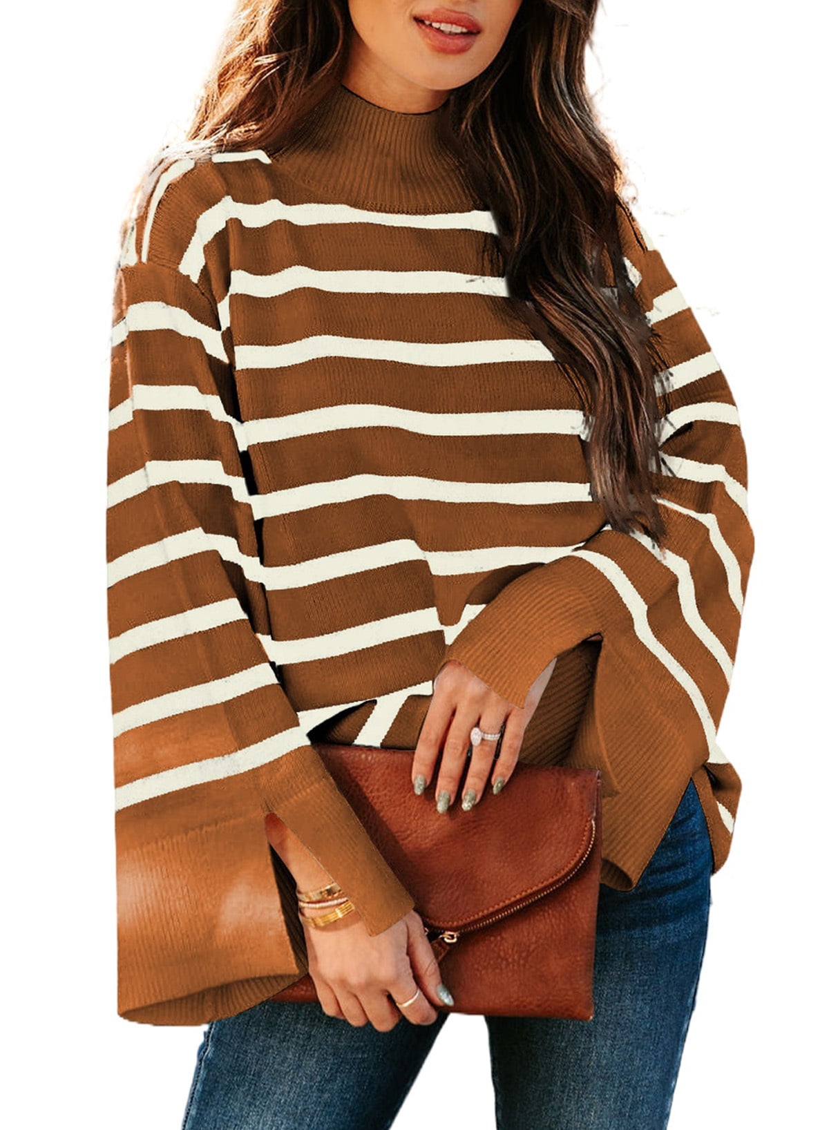 Dokotoo Womens Striped Sweater Mock Neck Ribbed Knit Top Baggy Jumper ...