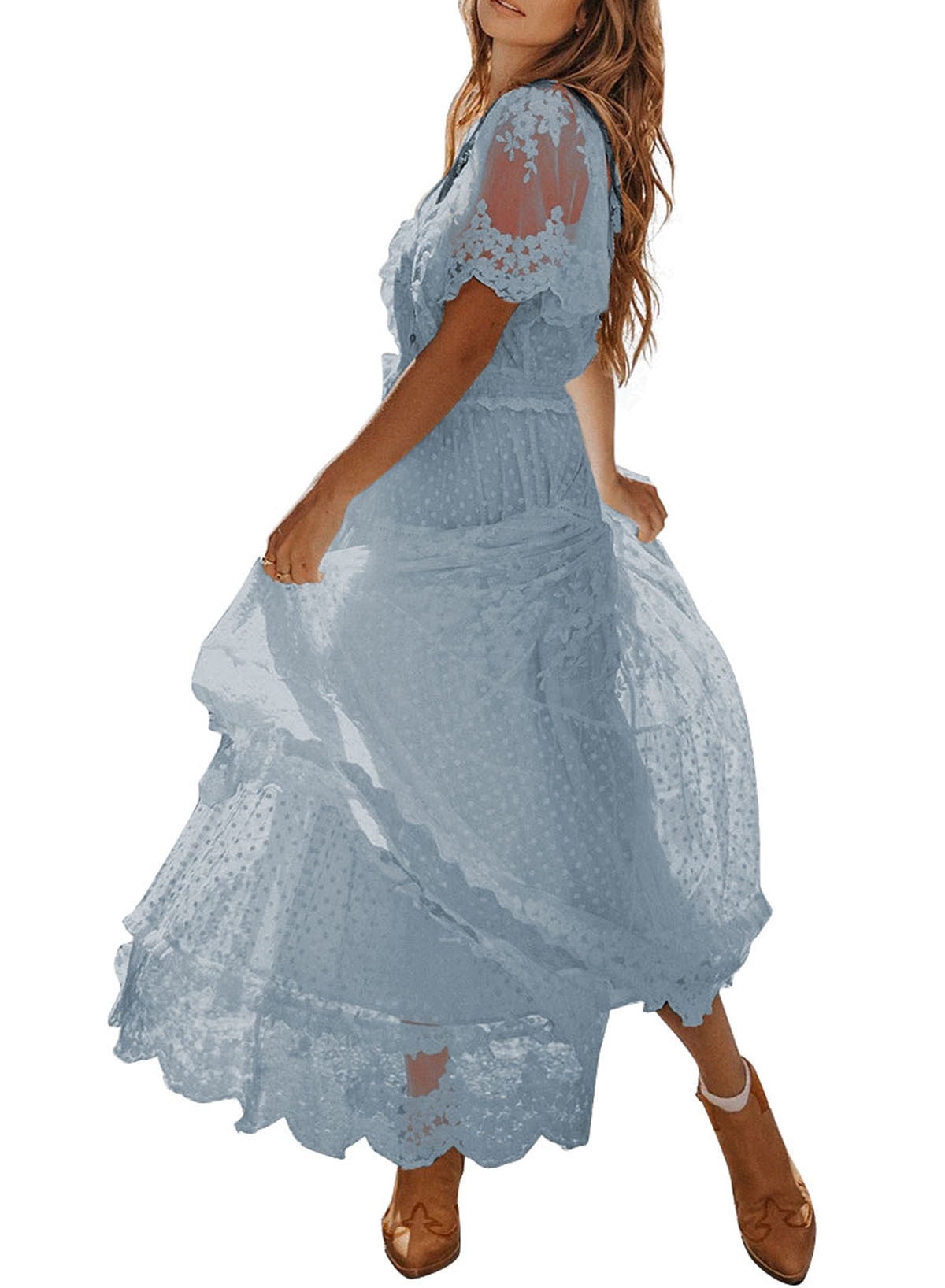 Dokotoo Womens Wedding Dress V Neck Short Sleeve Lace Dress Loose Maxi ...