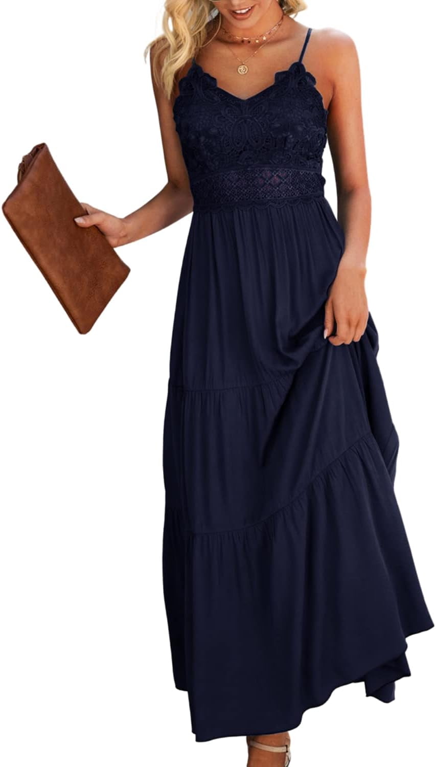 Dokuritu Women's Beach Crochet Lace Maxi Dress Solid Color Summer ...