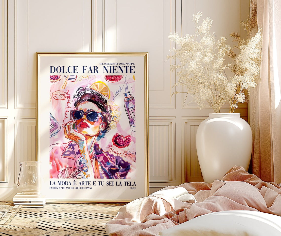Dolce Far Niente Poster: Retro Pink Woman, Italy Wall Art, Stretched Canvas Size 16x24 - Walmart.com