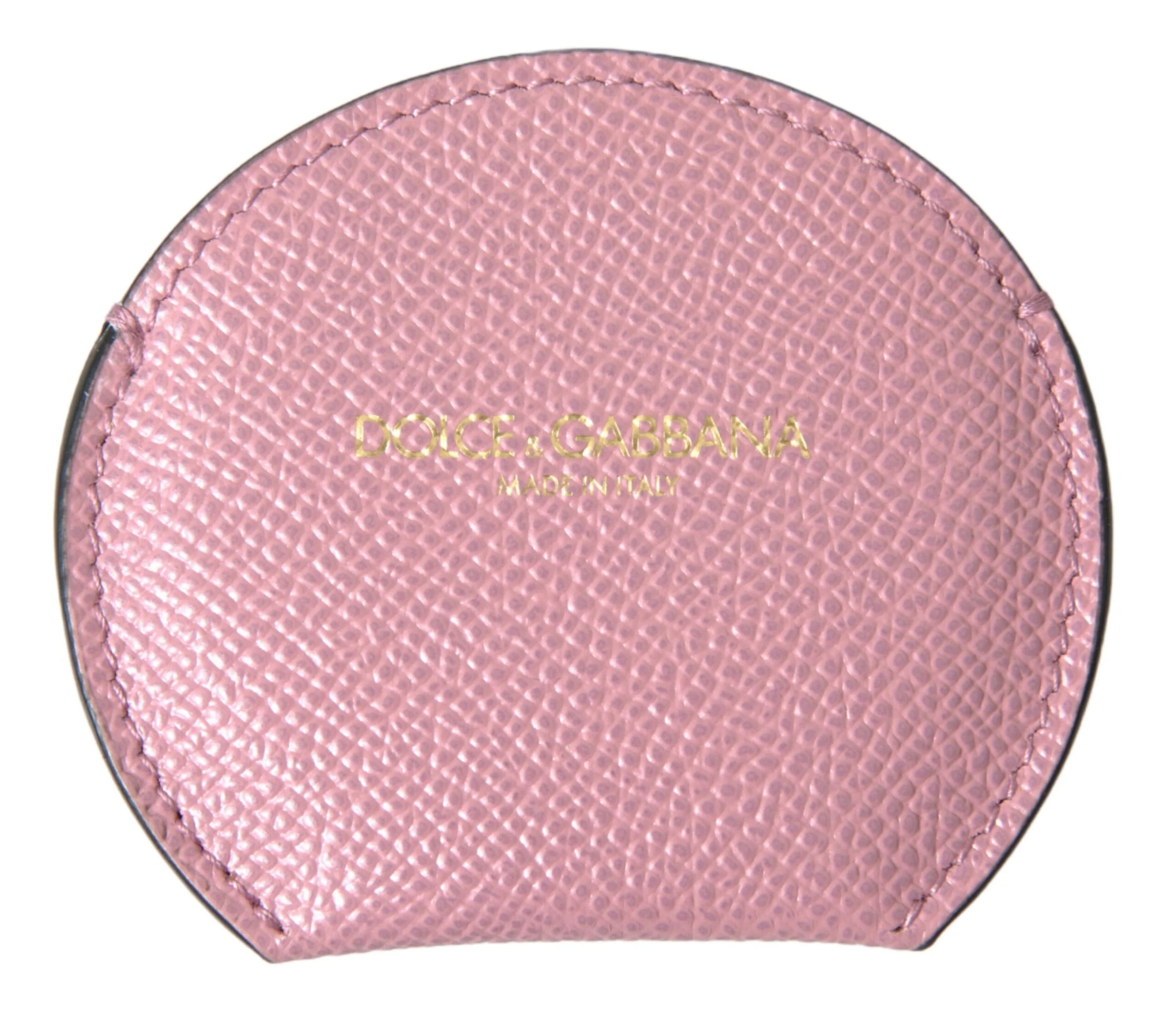 Dolce Gabbana Pink Calfskin Leather Round Logo Print Hand Mirror Holder ...