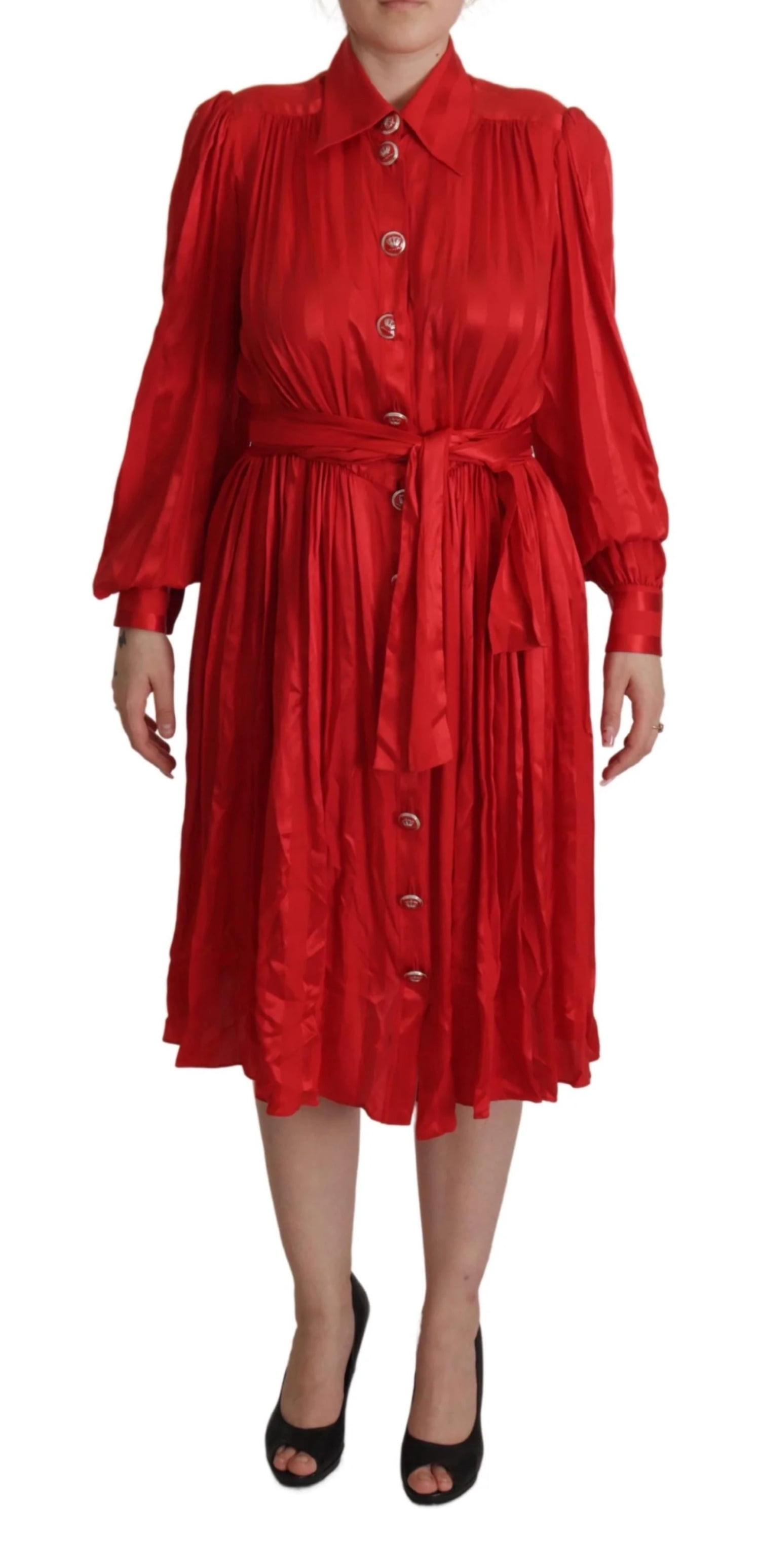 Dolce Gabbana Red Button Down Belted Midi Satin Silk Dress - Walmart.com