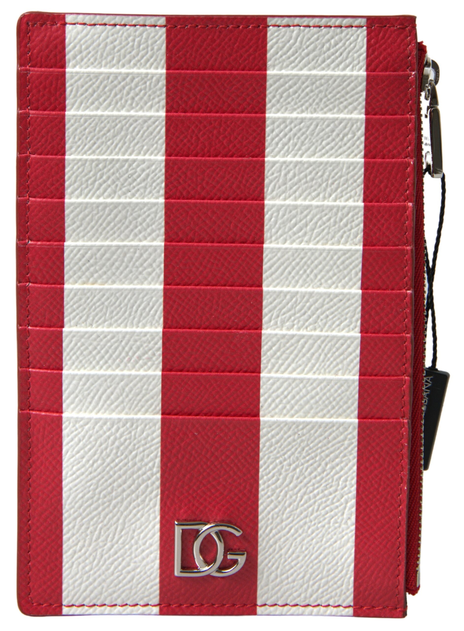 Dolce & Gabbana Red White Leather DG Logo Zip Card Holder Wallet ...