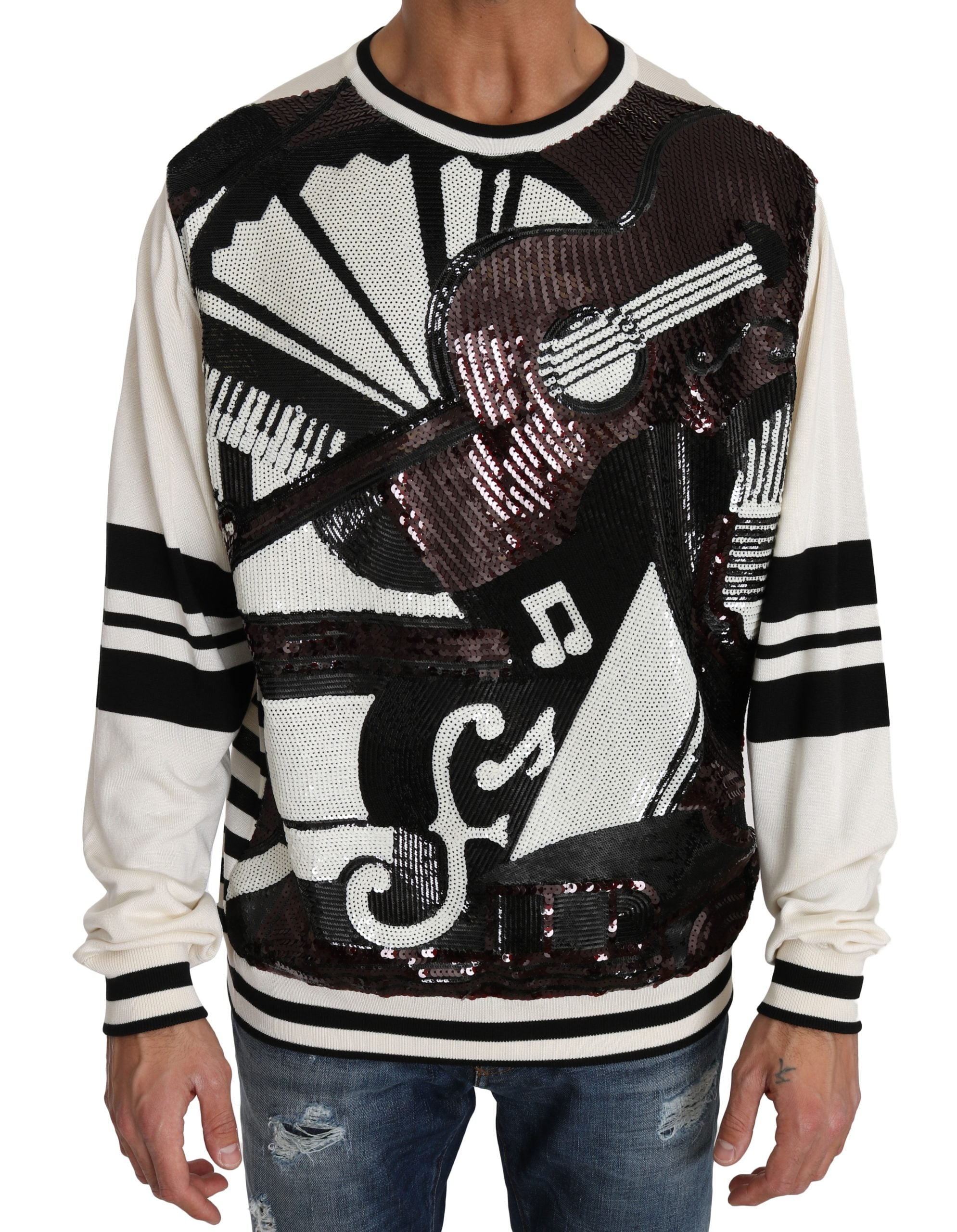 Dolce & Gabbana White Jazz Sequined Guitar Pullover Top Sweater ...