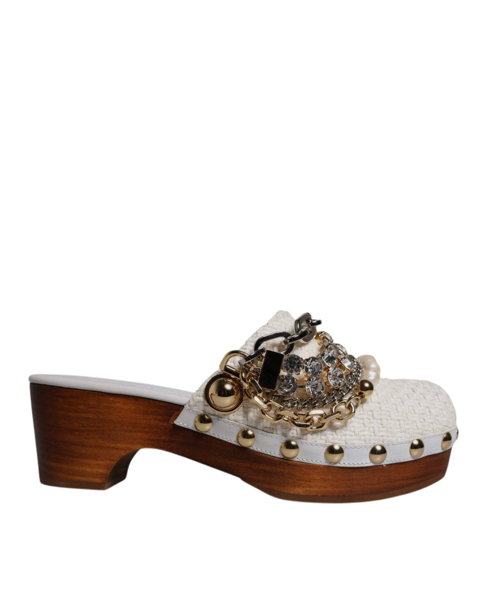 Dolce Gabbana White Raffia Clogs Bejeweled Chain Sandals Shoes ...
