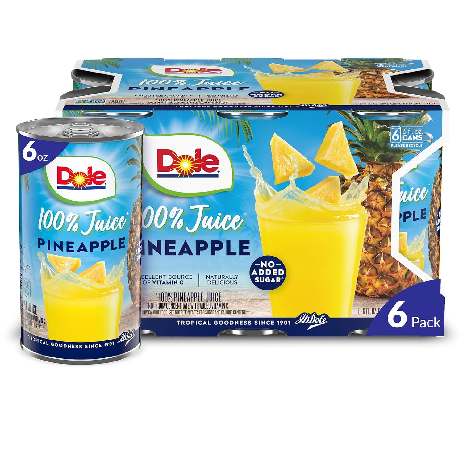Dole 100% Pineapple Juice, No Added Sugar, Excellent Source of Vitamin C, 100% Fruit Juice, 6 Fl ...