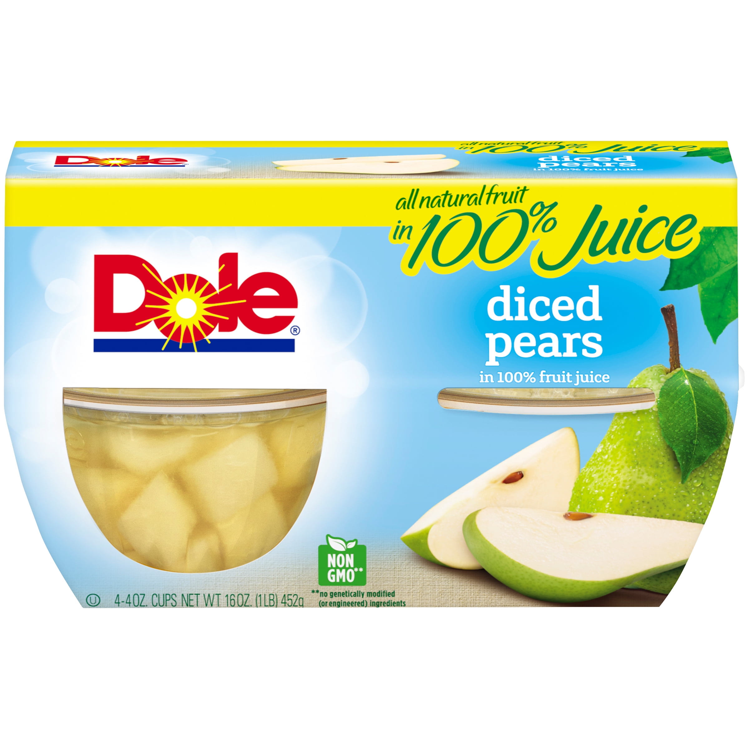 Dole Fruit Bowls Diced Pears in 100% Fruit Juice, 4 oz (4 Cups)-Pack Of ...