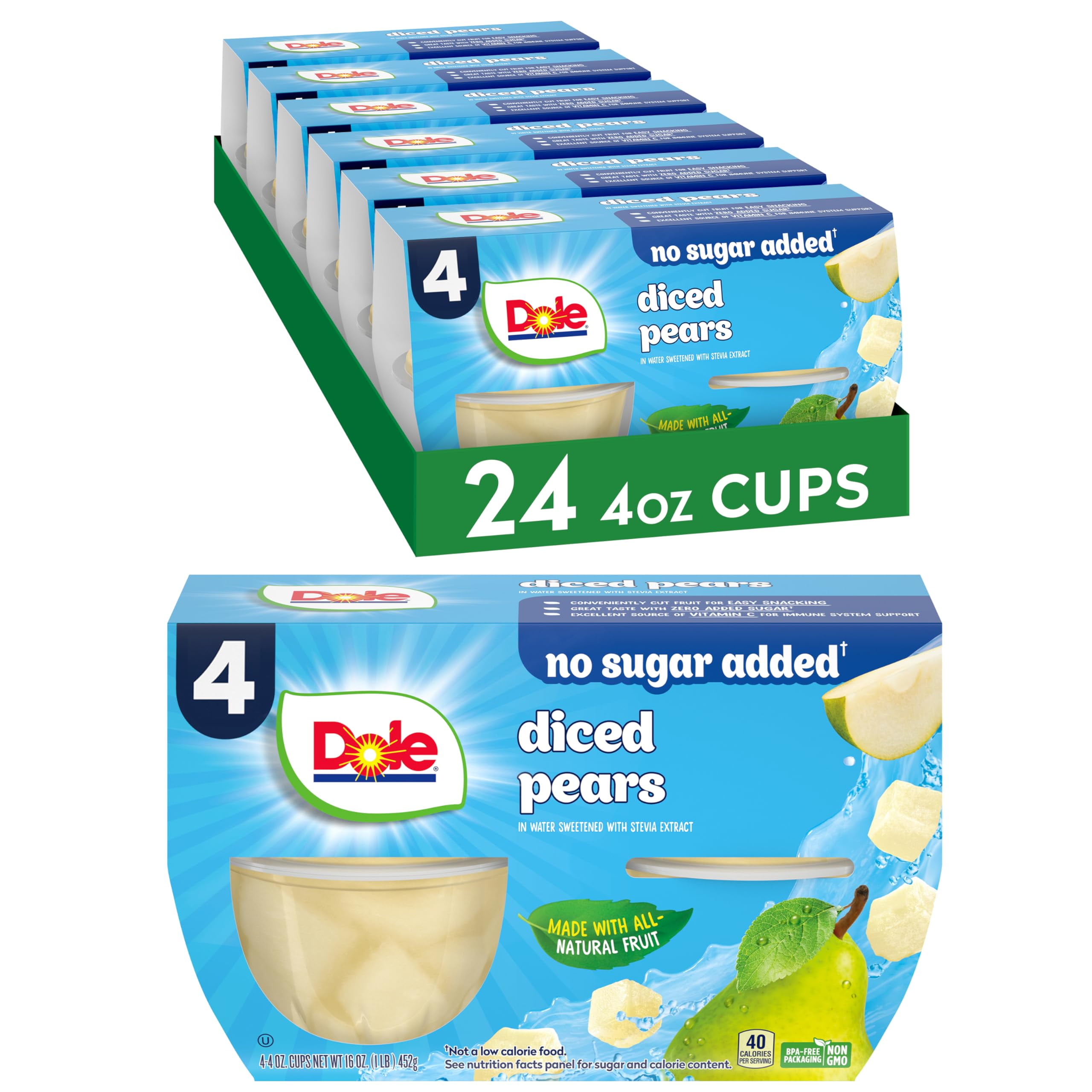 Dole Fruit Bowls No Sugar MDA05 Added Snacks, Diced Pears 4oz 24 Cups ...