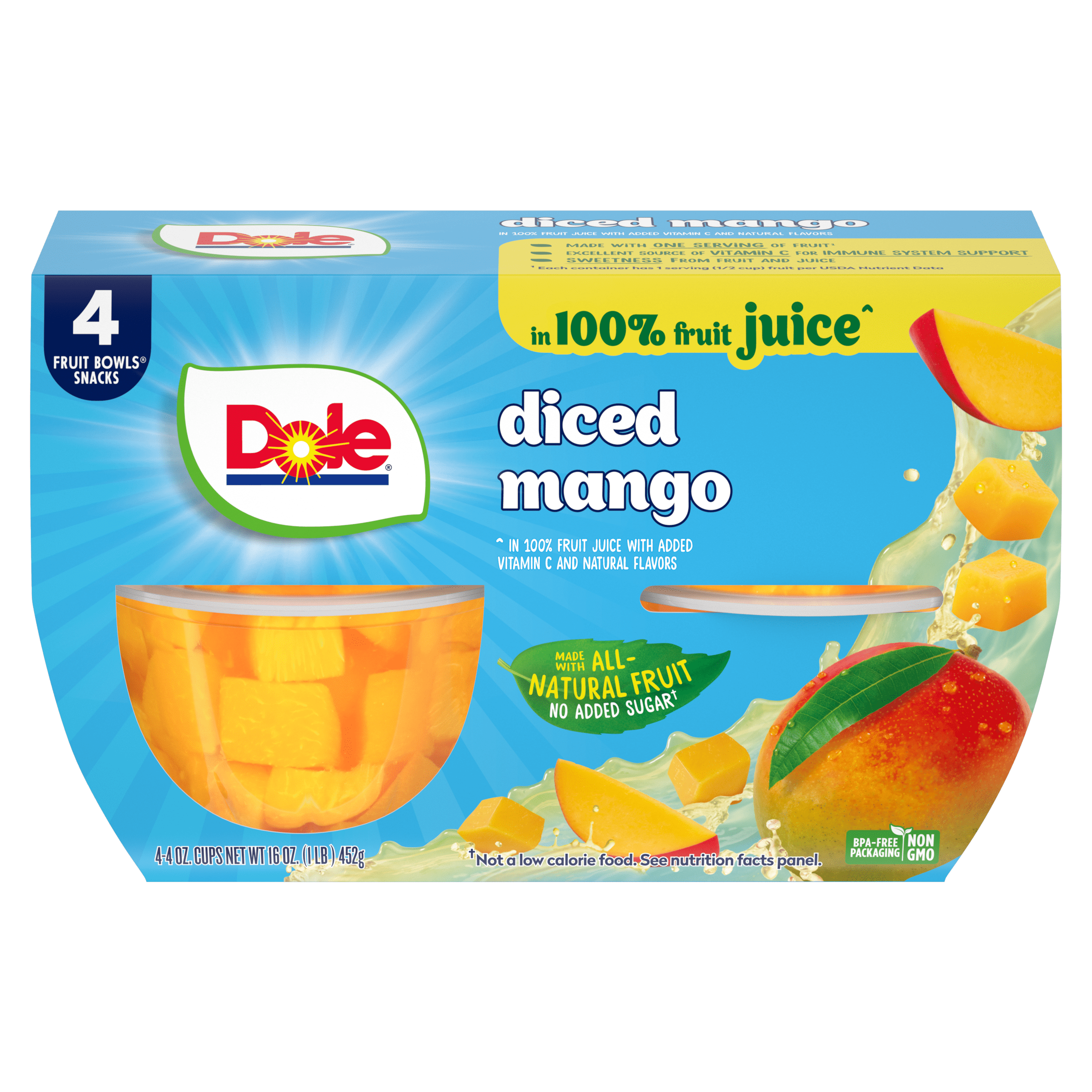 Dole Fruit Bowls Snacks Diced Mango in 100% Juice*, 4 oz Cups (4 Pack ...