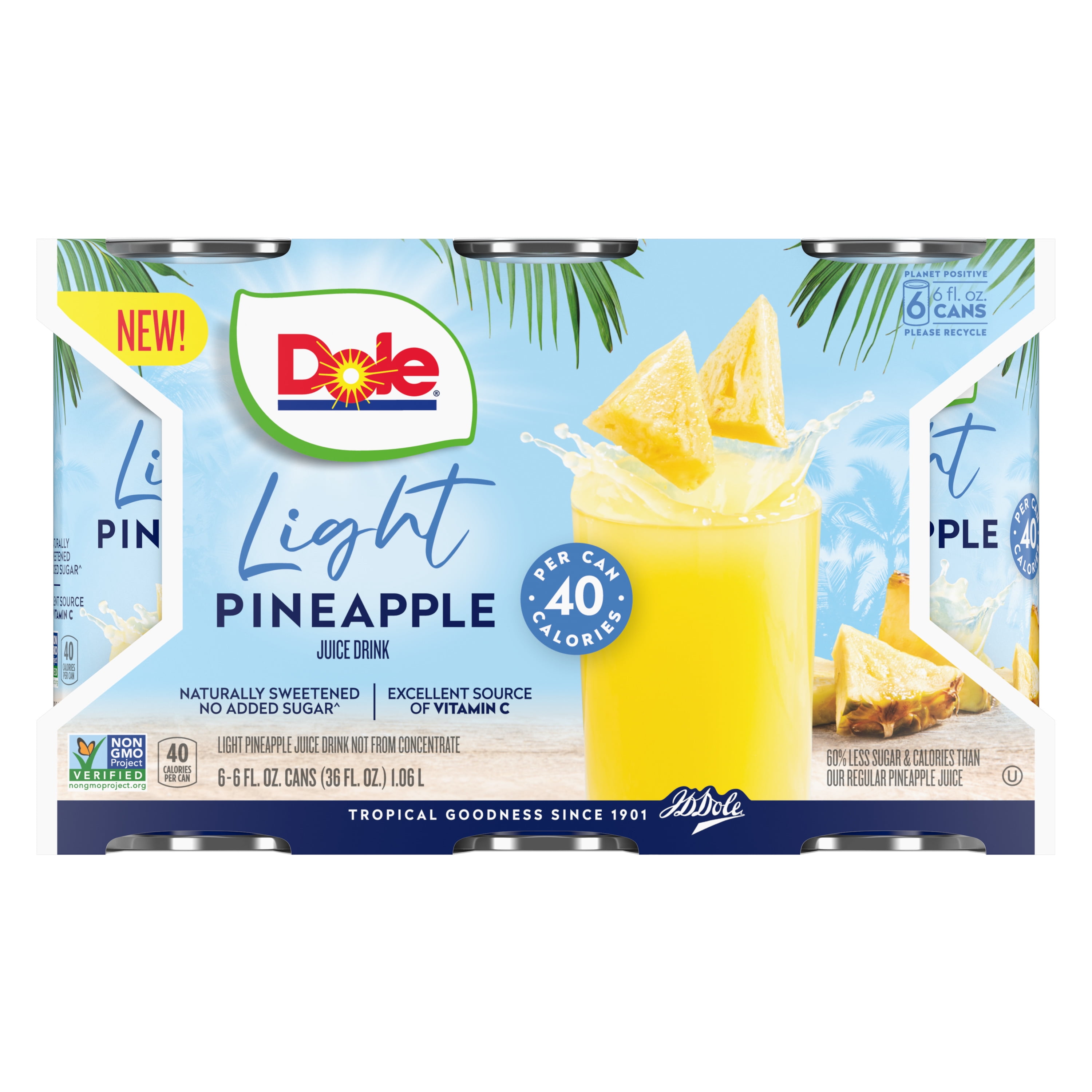 Dole Light Sugar-Free Pineapple Fruit Juice Drink, 6 fl oz Cans (6 ...