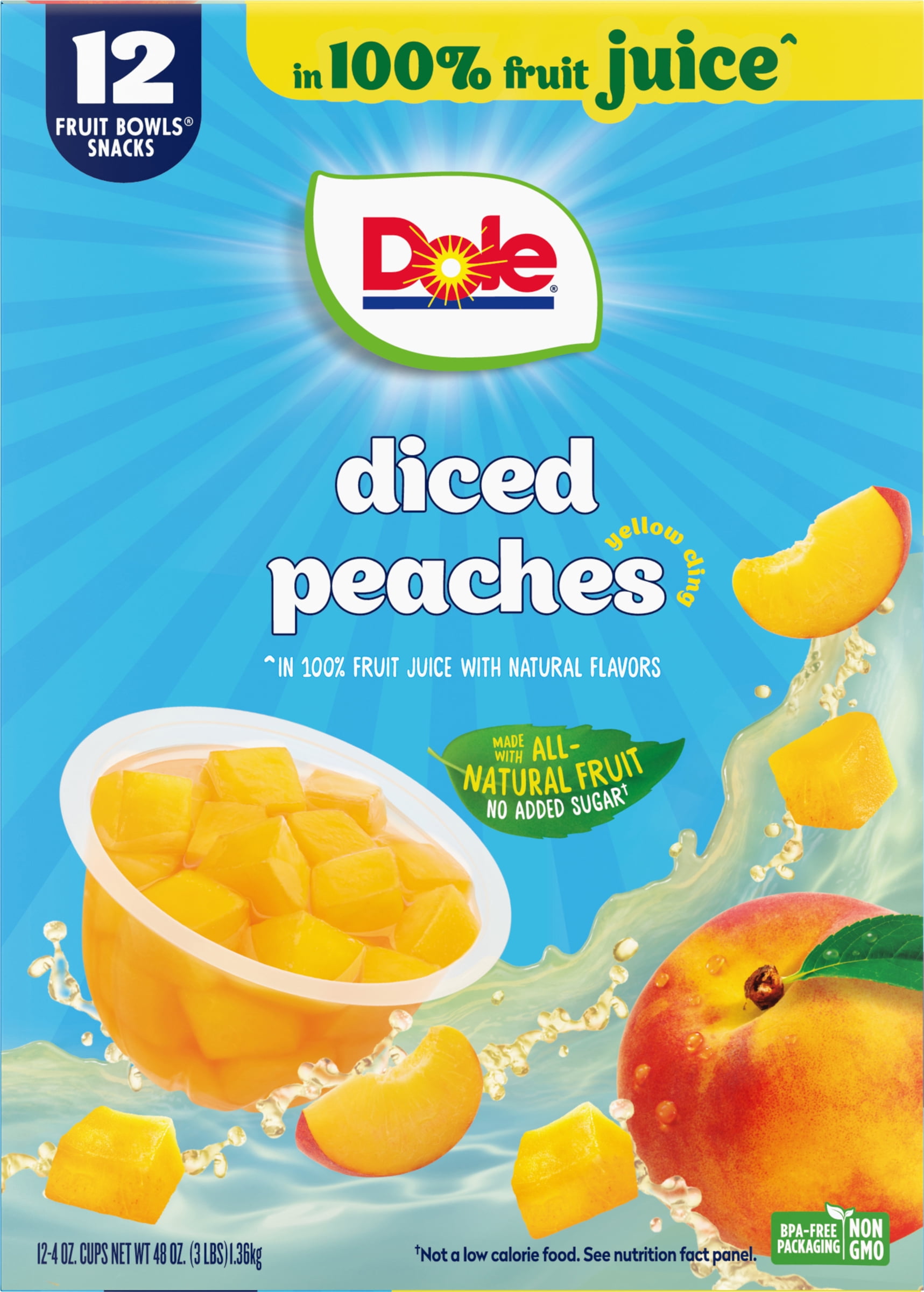 Dole Fruit Bowls Diced Peaches in 100% Fruit Juice, 4 oz Cups (12 Pack ...