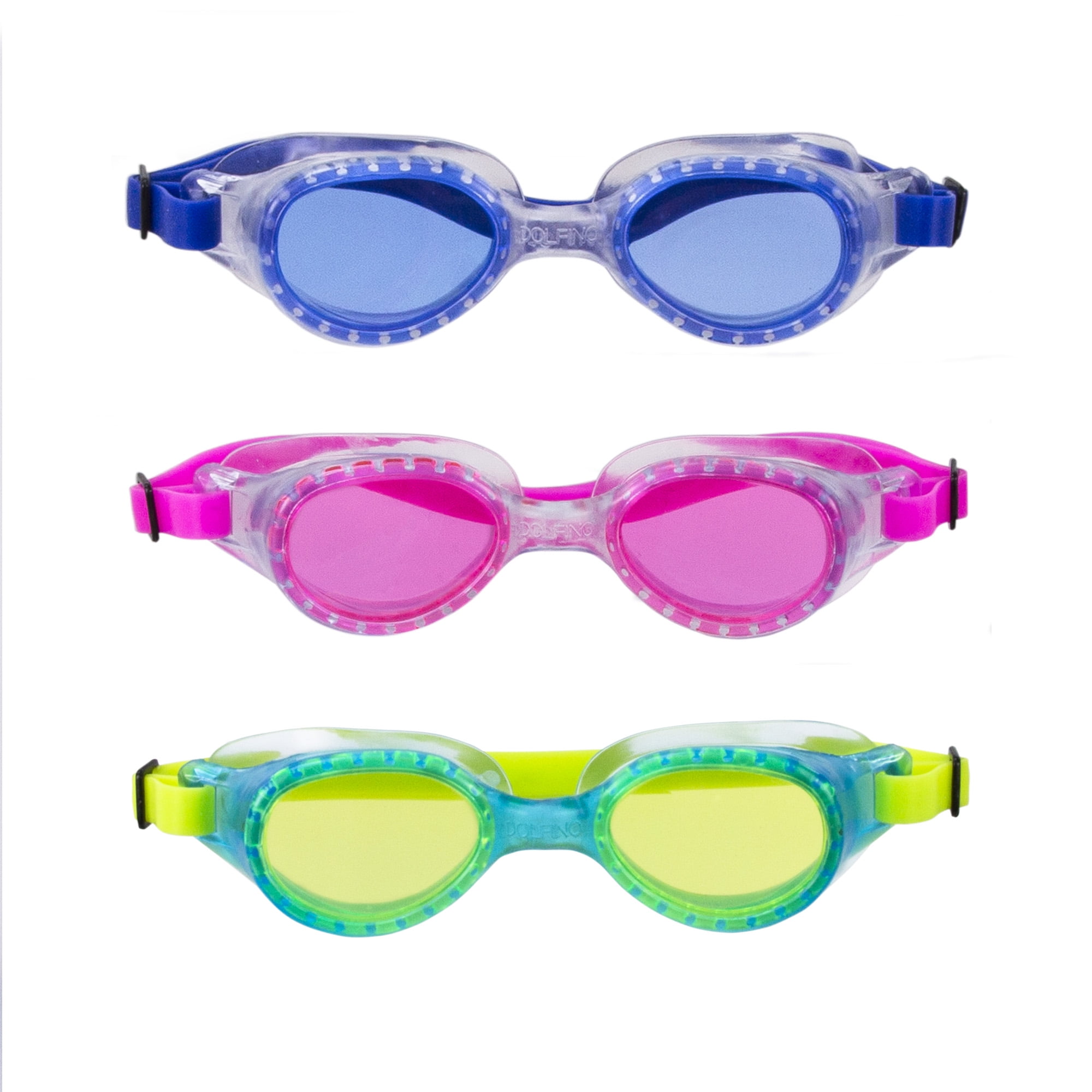 Dolfino Youth Swim Goggles 3 Pack - Blue, Lime, Pink - UV Protection ...