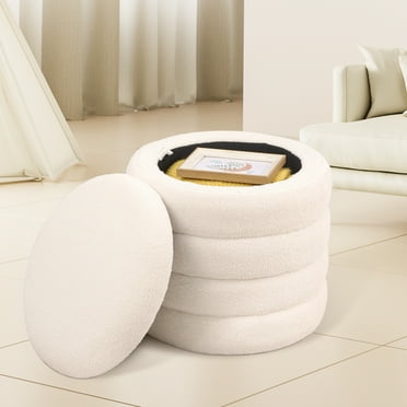 CURUK 19" Round Storage Ottoman, White Teddy Velvet Upholstered Foot ...