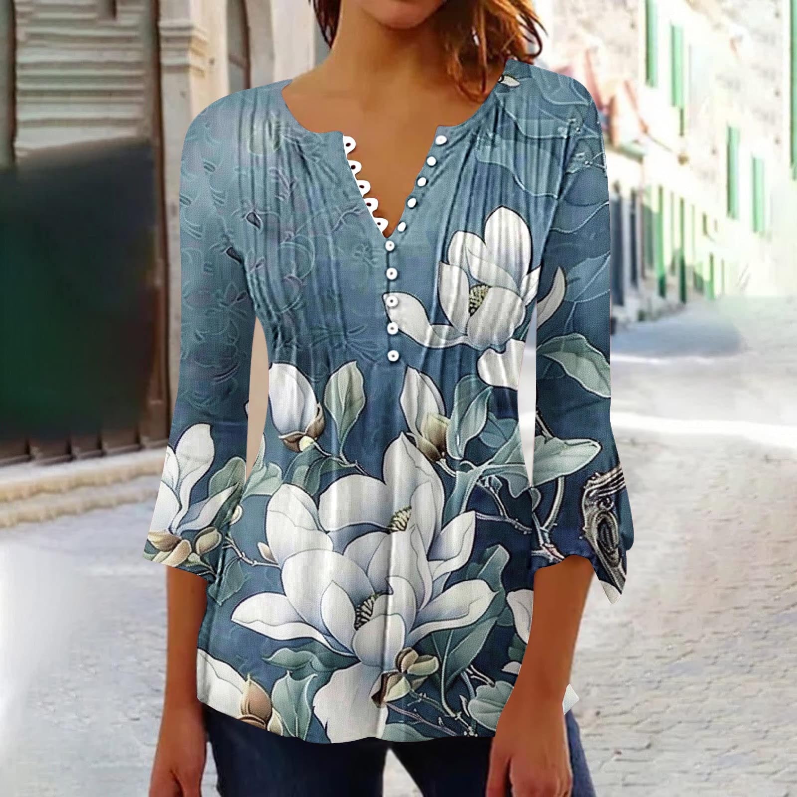 Dolkfu 3/4 Sleeve Spring Tops for Women Blue V Neck Easy Fit Graphic ...