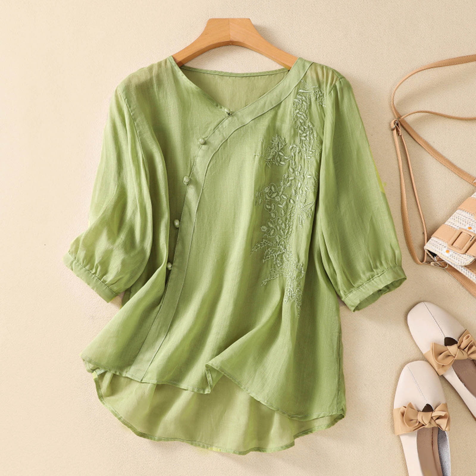 Dolkfu 3/4 Sleeve Summer Tops for Women 2026 V-Neck Button Boho Green ...