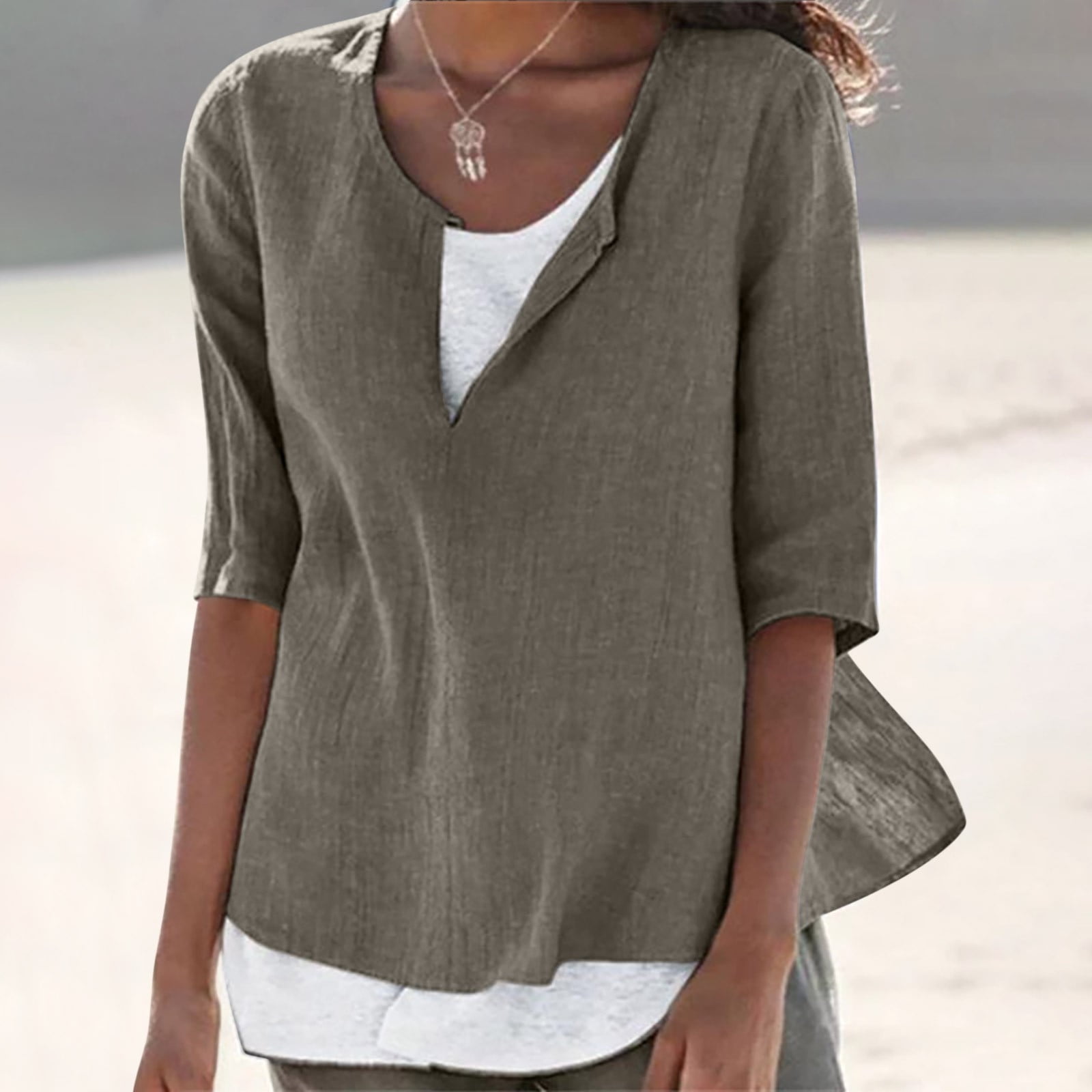 Dolkfu 3/4 Sleeve Tunic Tops for Ladies Cotton Linen V Neck Solid Color ...