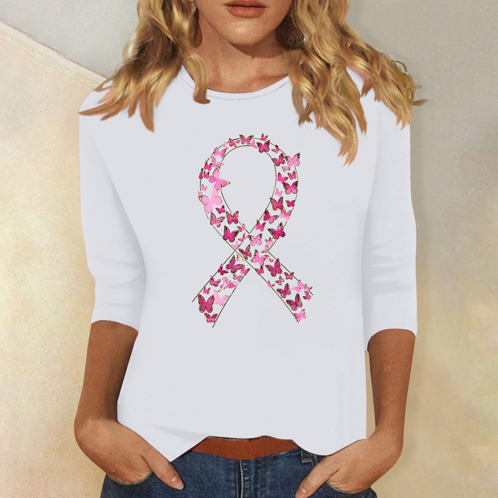 Dolkfu 3/4 Sleeve Womens Trendy Tops Crew Neck Breast Cancer Day White ...
