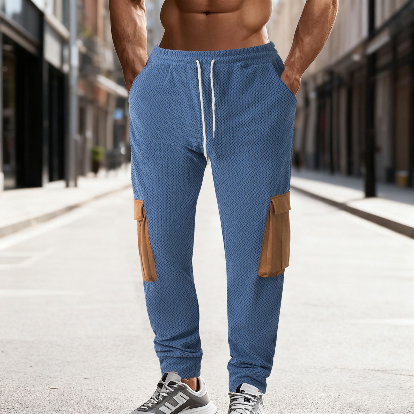 Dolkfu Athletic Casual Pants for Men Cargo Drawstring Blue Sweatpants ...