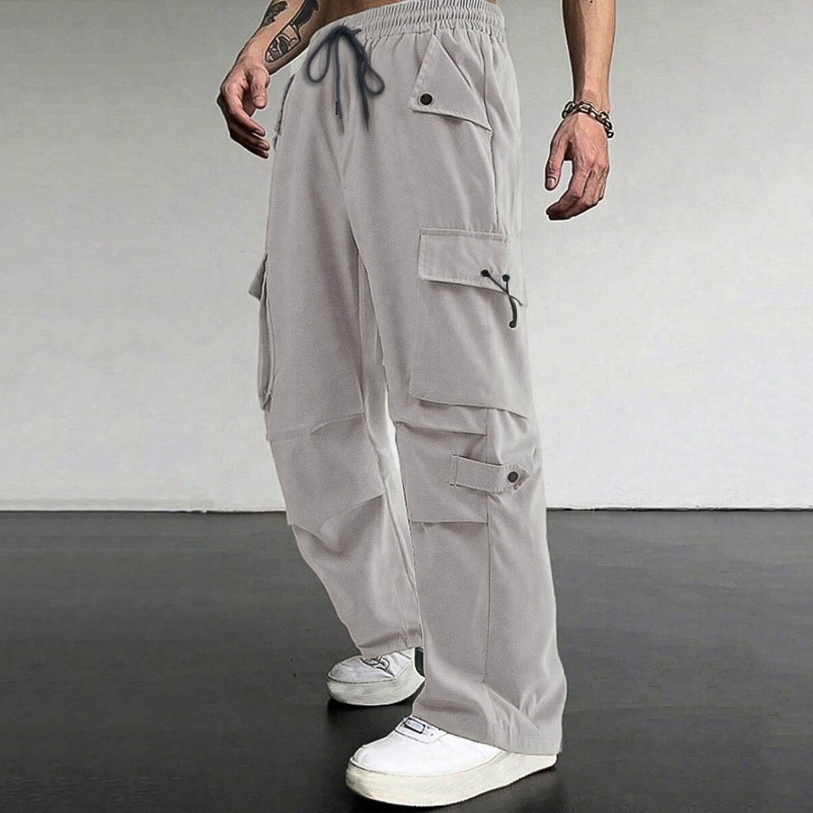 Dolkfu Athletic Pants Men's Cargo Gray Drawstring Pants Straight Leg ...