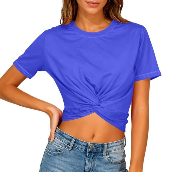 Dolkfu Backless Womens Summer Tops Short Sleeve Crew Neck Blue T-Shirts ...