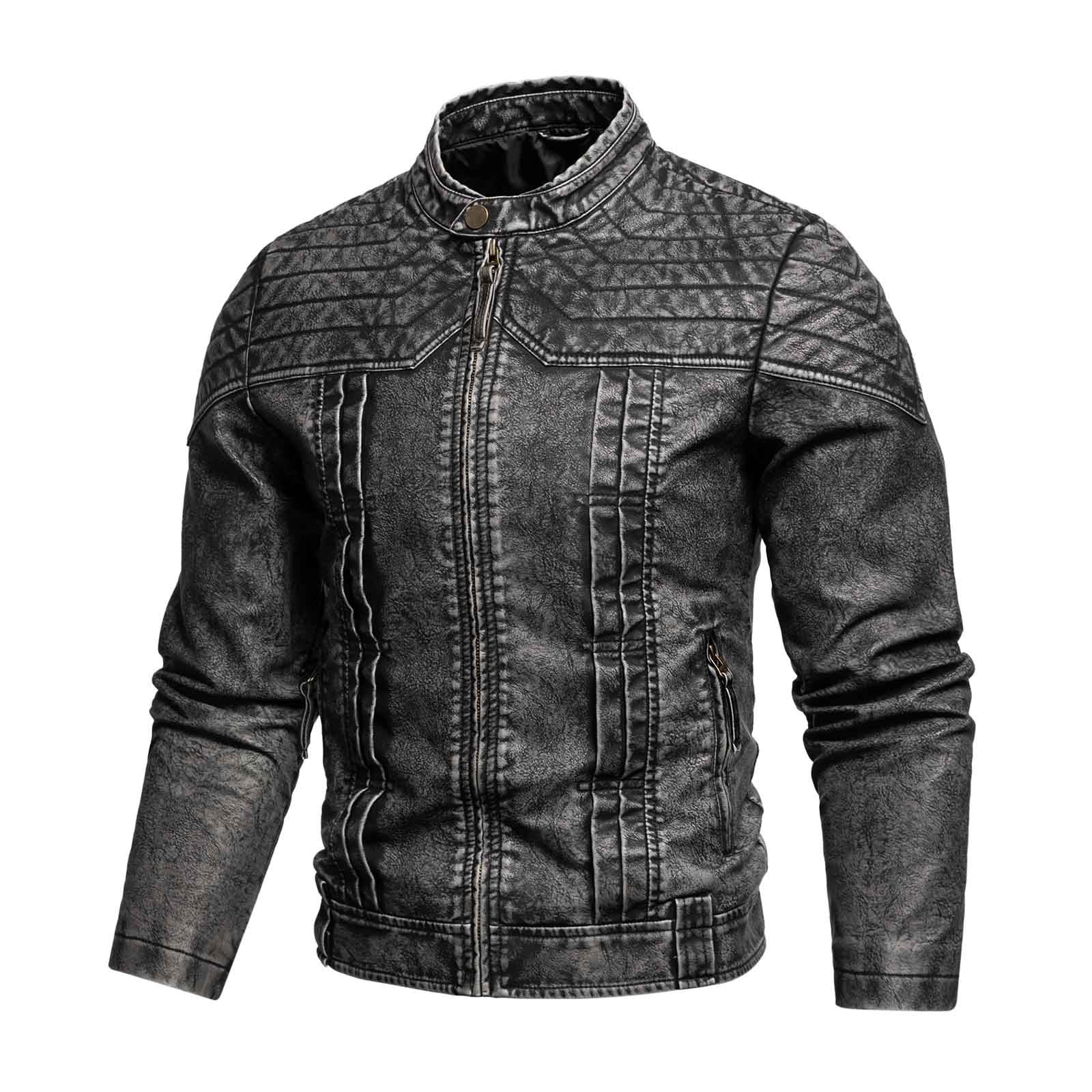 Dolkfu Black Jackets for Men Zip up Faux Leather Distressed Streetwear ...