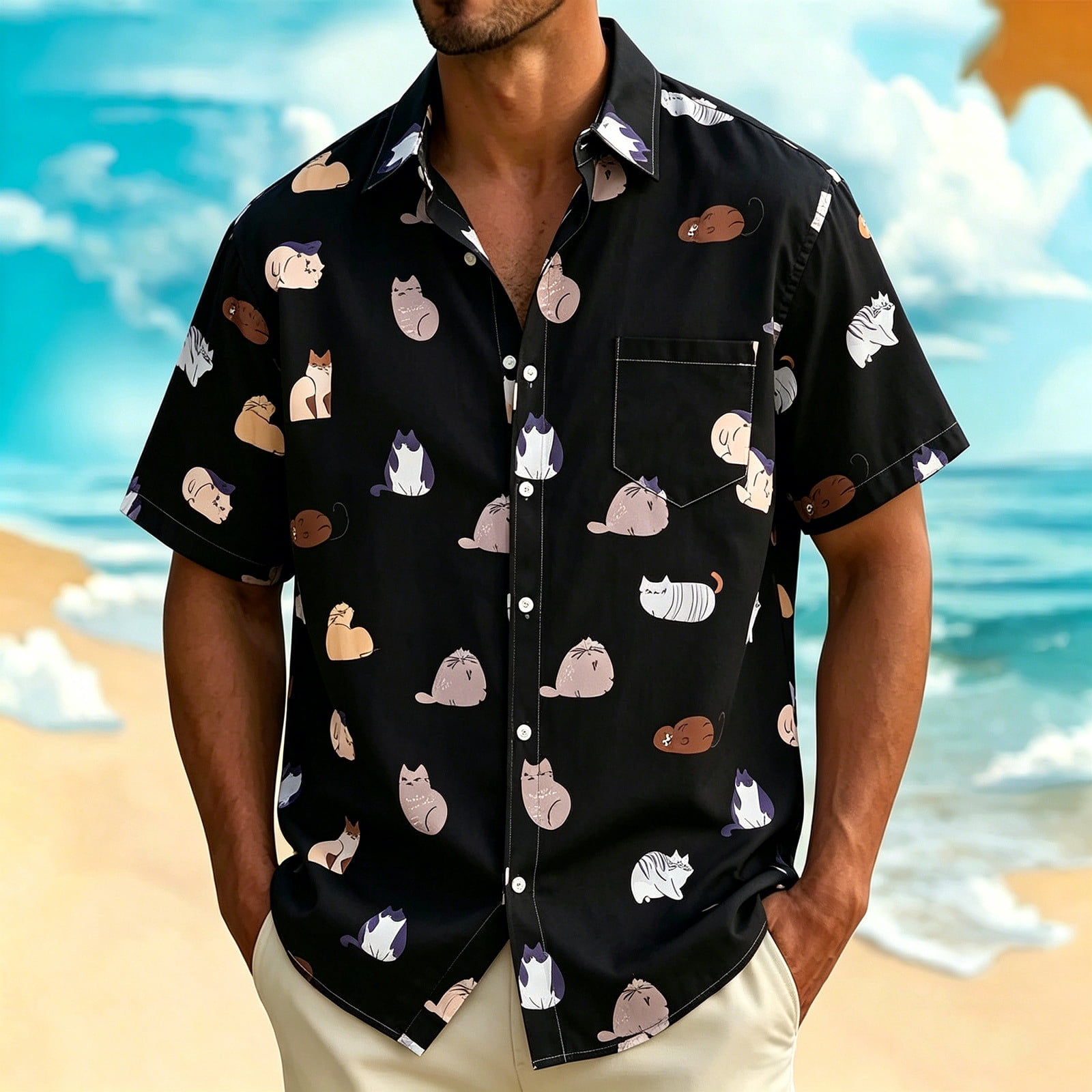 Dolkfu Black Shirts for Men Button Collared Short Sleeve Cats Tops ...