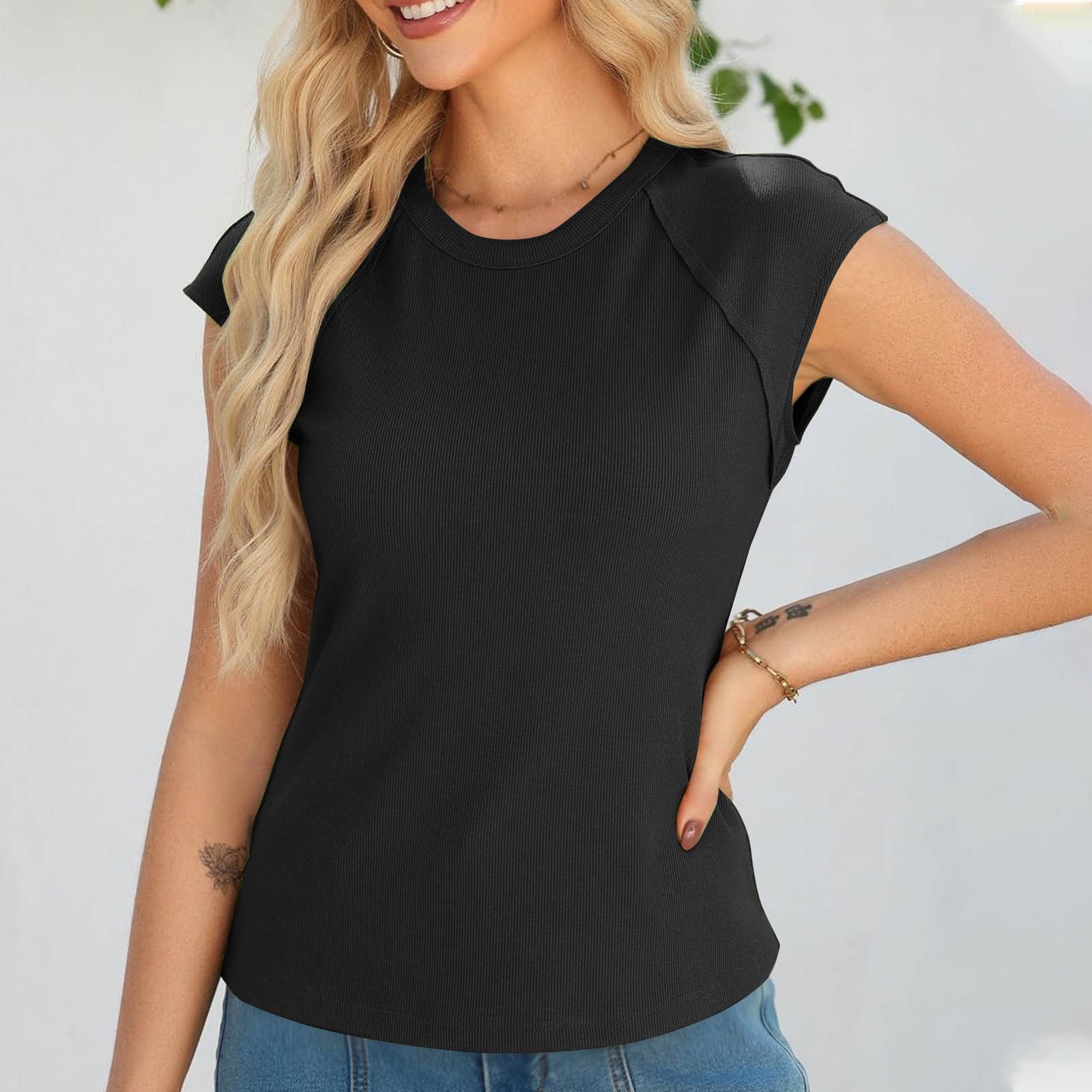 Dolkfu Black Summer Tops for Women 2025 Cap Sleeve Knitted Raglan Ribbed Slim Fit Solid T-Shirt ...