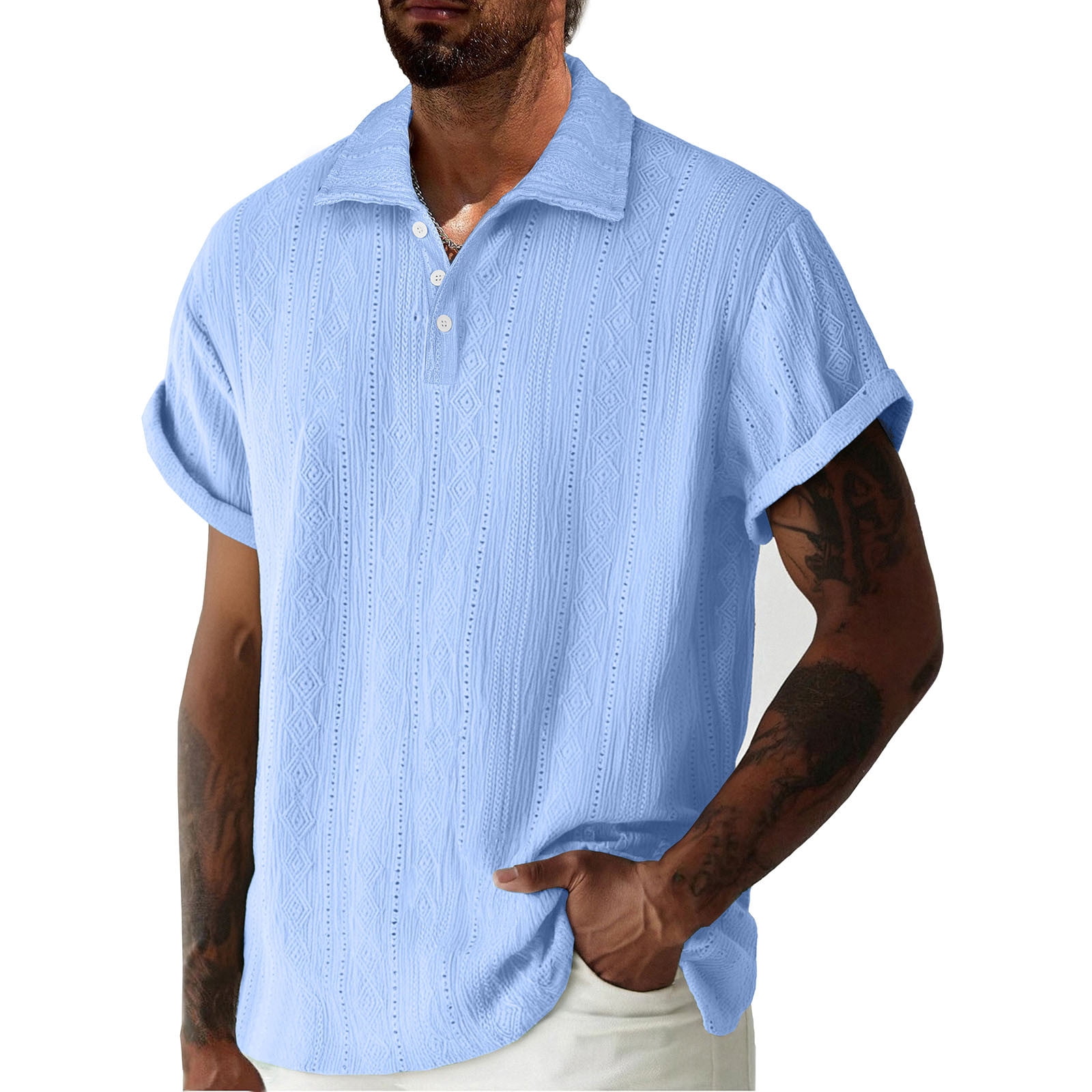Dolkfu Blue Graphic Tees Men Short Sleeve Collared Retro Vintage Button ...