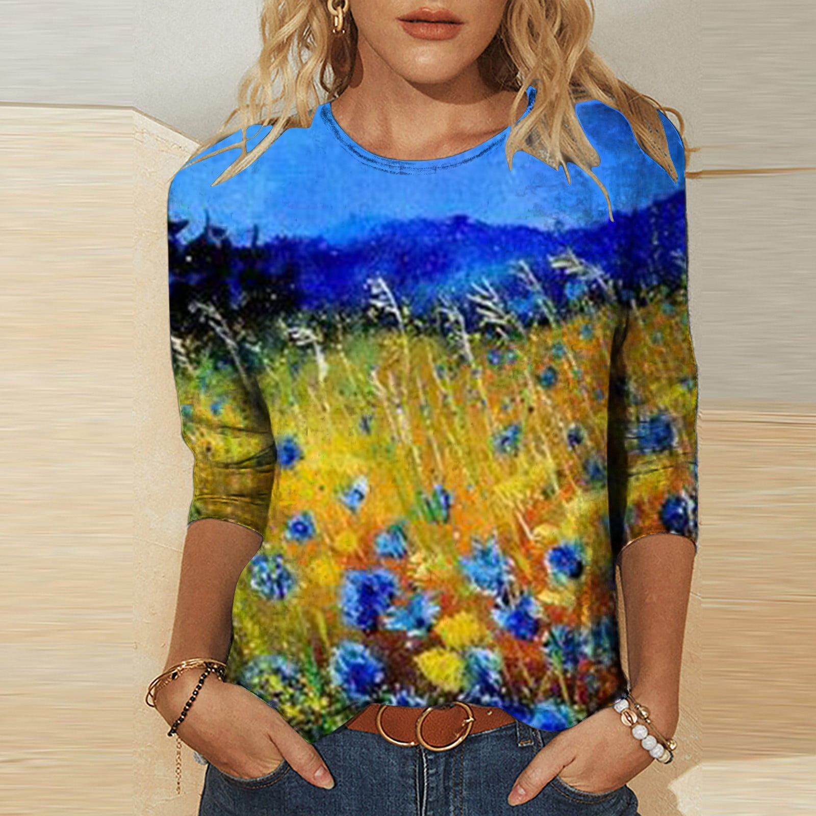 Dolkfu Blue Shirts for Women Crew Neck 3/4 Sleeve Relaxed Fit Graphic ...