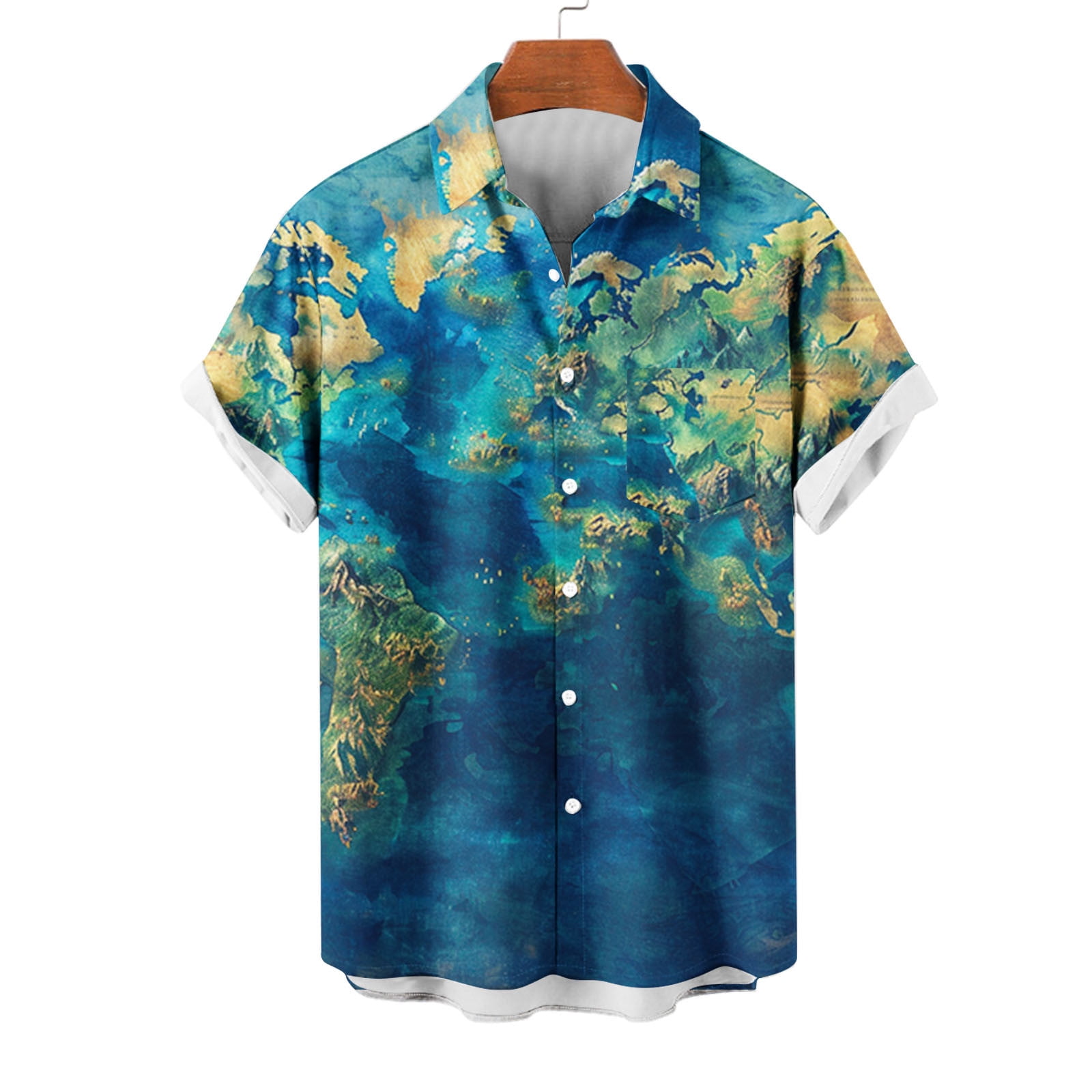 Dolkfu Blue Tees for Man Bowling Short Sleeve Map Printed Stretch Plus Size Beach Button Down ...