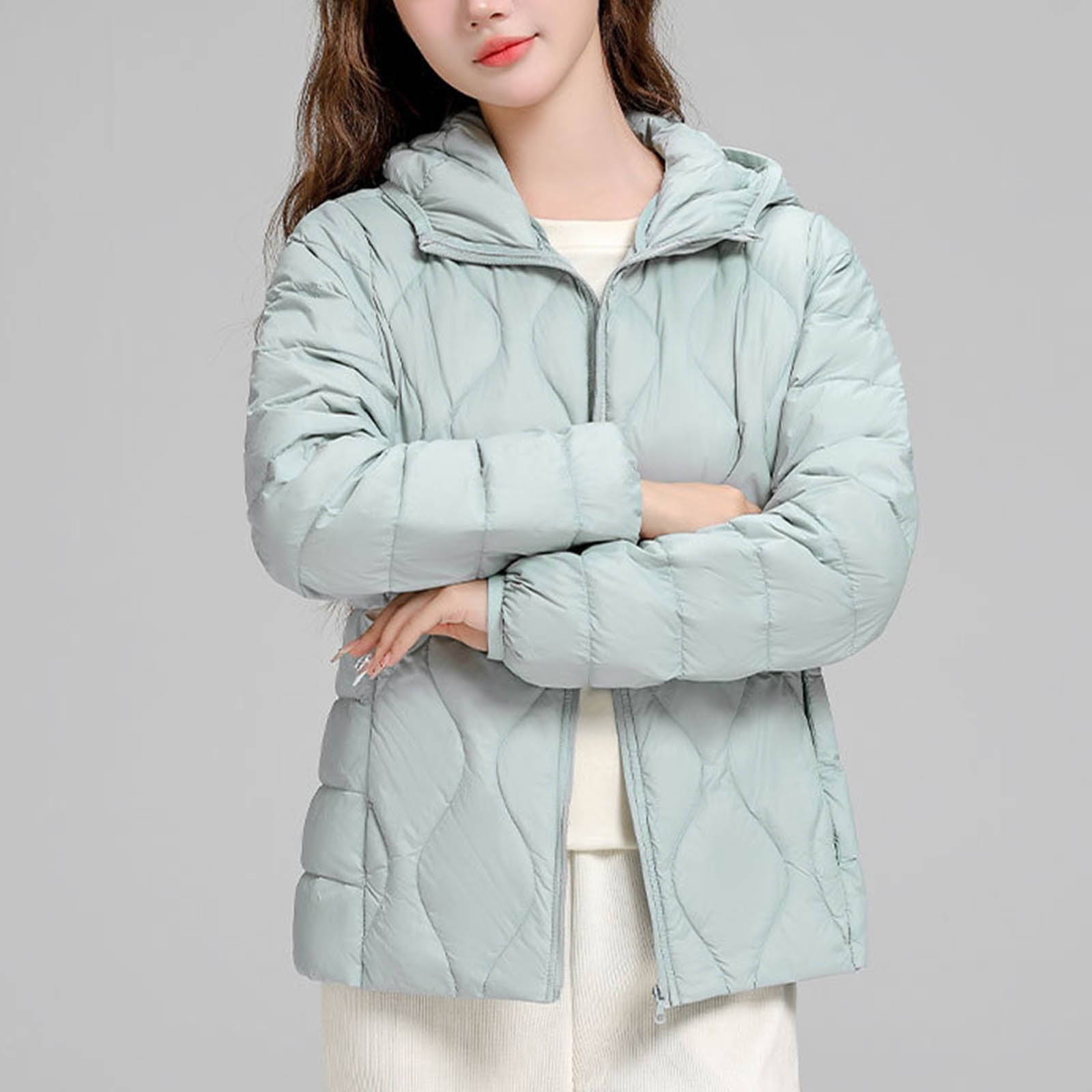 Dolkfu Blue Women Jackets Quilted Hooded Solid Full Zip Lightweight ...