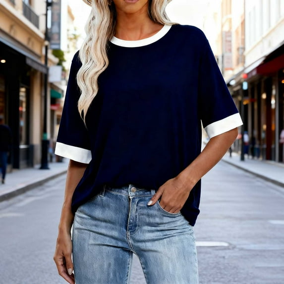 Dolkfu Blue Womens Casual Tops Basic Crew Neck Short Sleeve T-Shirts ...