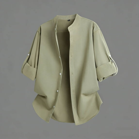 Dolkfu Business Men Shirts Band Collar Button Down Shirt Long Sleeve ...