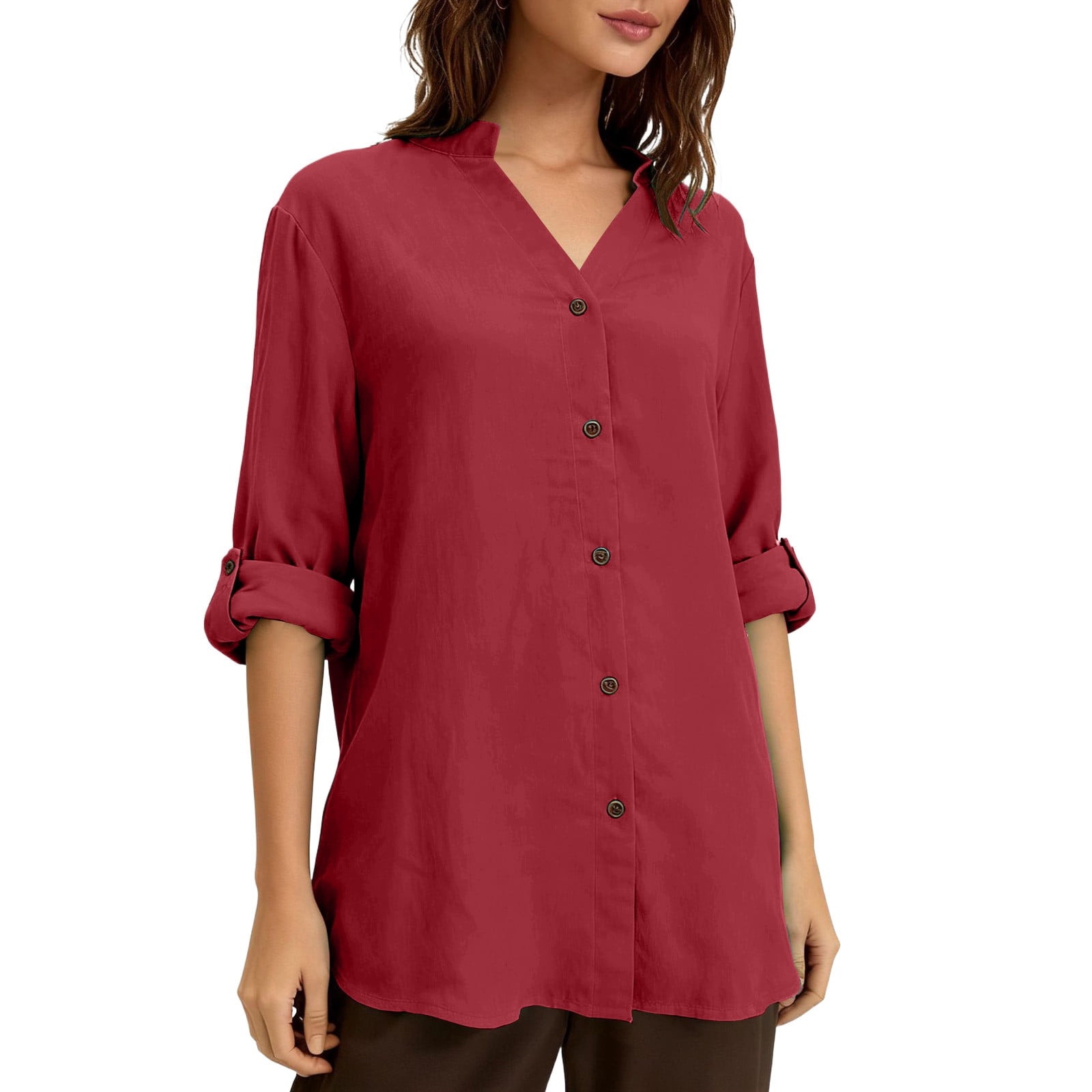 Dolkfu Button Blouses for Women Dressy Casual Red Elbow-Length V-Neck ...