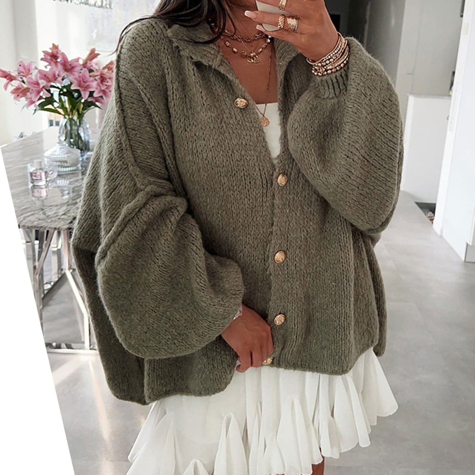 Dolkfu Button Down Winter Sweaters for Women 2025 Green Collared Solid ...