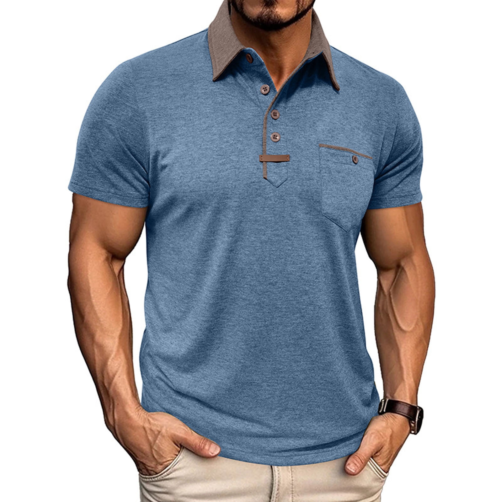 Dolkfu Button Placket Mens Shirt Short Sleeve Business Blue Polos ...