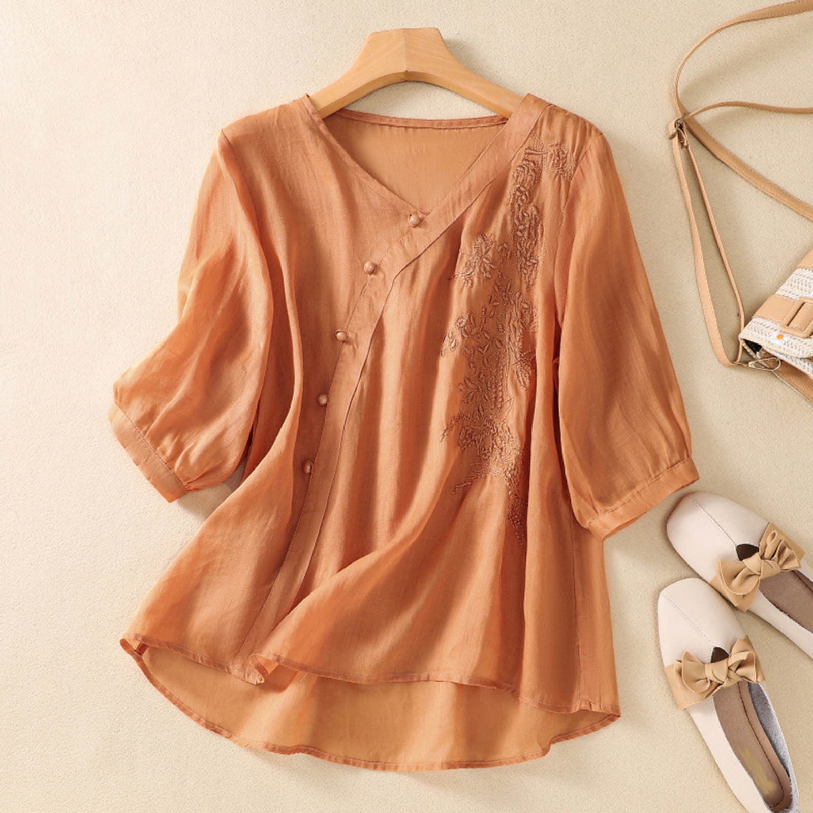 Dolkfu Button Women'S Blouses 3/4 Sleeve V-Neck Orange Boho Tops Modern ...